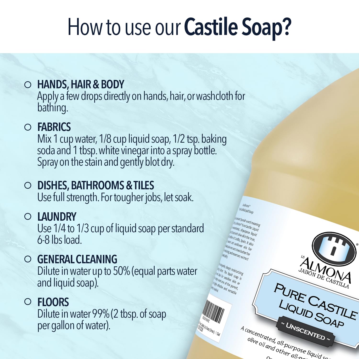 La Almona - Pure Castile Liquid Soap, UNSCENTED, 1 Gallon - Multipurpose: Hands, Face, Body, Laundry, Dishes & More - For Sensitive Skin, All-Natural Ingredients, Fragrance Free