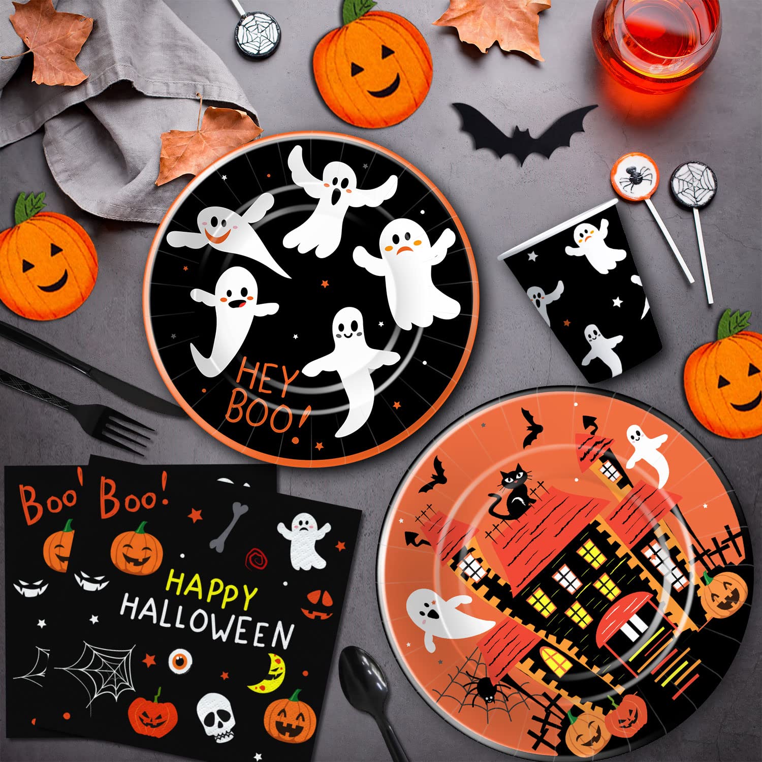 APOWBLS Halloween Decorations Party Tableware - Halloween Party Supplies, Halloween Birthday Plates, Napkins, Cups, Tablecloth, Cutlery, Straws, For Halloween Party Decorations Dinnerware | Serves 24