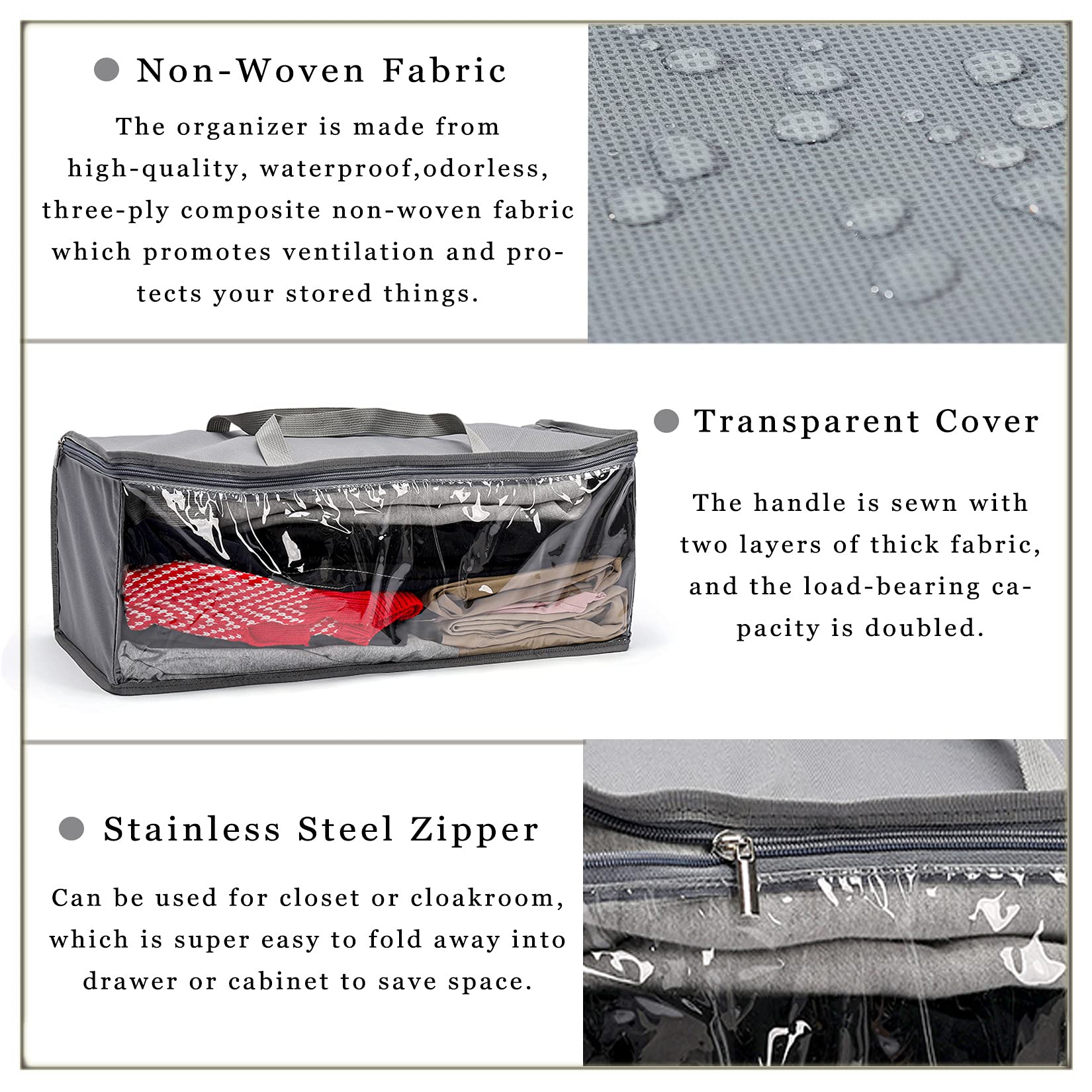 Foldable Storage Bag,24L Large Foldable Clothes Organizer Clear Window&Carry Handles,Sturdy Zippers,Great for Clothes,Blankets,Closets,Bedrooms and More (22 x 9x 3, Grey)