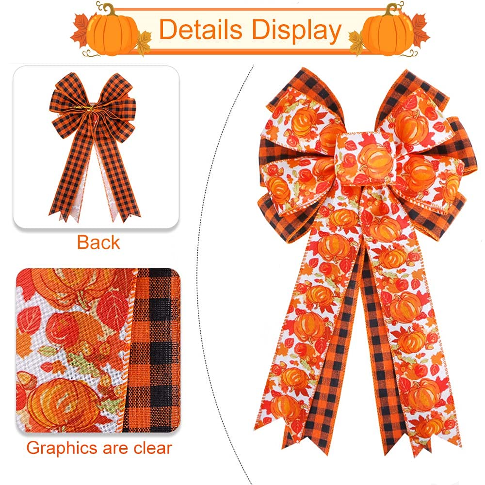 Fall Wreath Bows, Autumn Bow Orange Buffalo Plaid Pumpkin Wreath Bow for Fall Bows Knot Thanksgiving Dinner Party Fireplace Christmas Halloween Home Garden Party Decor