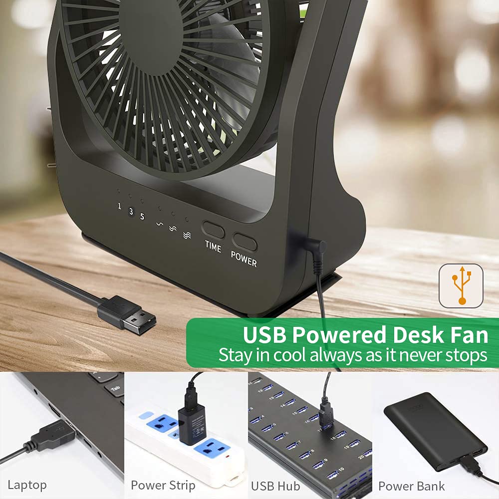 LAVESO D-cell Battery Operated Fan, Super Long Lasting Battery Powered Fan, 5 inch Portable Camping Fan, USB Desk Fan for Office Bedroom Workshop Outdoor, Quiet, 3 Speeds, Timer