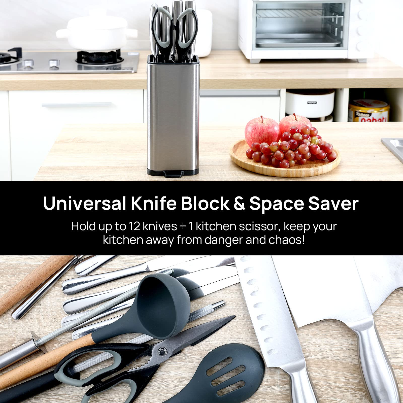 BIARTS Universal Knife Block without Knives Stainless Steel Knife Holder for Kitchen Counter with Drainage Hole Knife Storage for Countertop Modern Design, Rectangle, 4.4"L x 4.9"W x 9.4"H