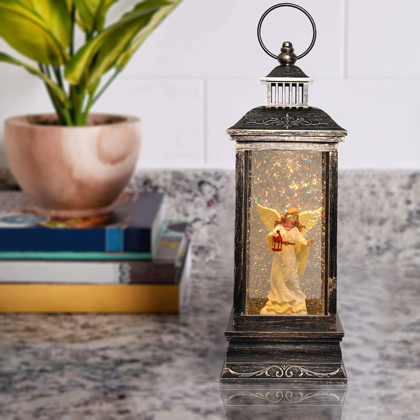 Christmas Water Glittering Snowing Globe Lantern Night Light with Music Plug-in and Battery Operated Gift for Birthday Xmas Valentines’ Day Thanks-Giving 12 Inches