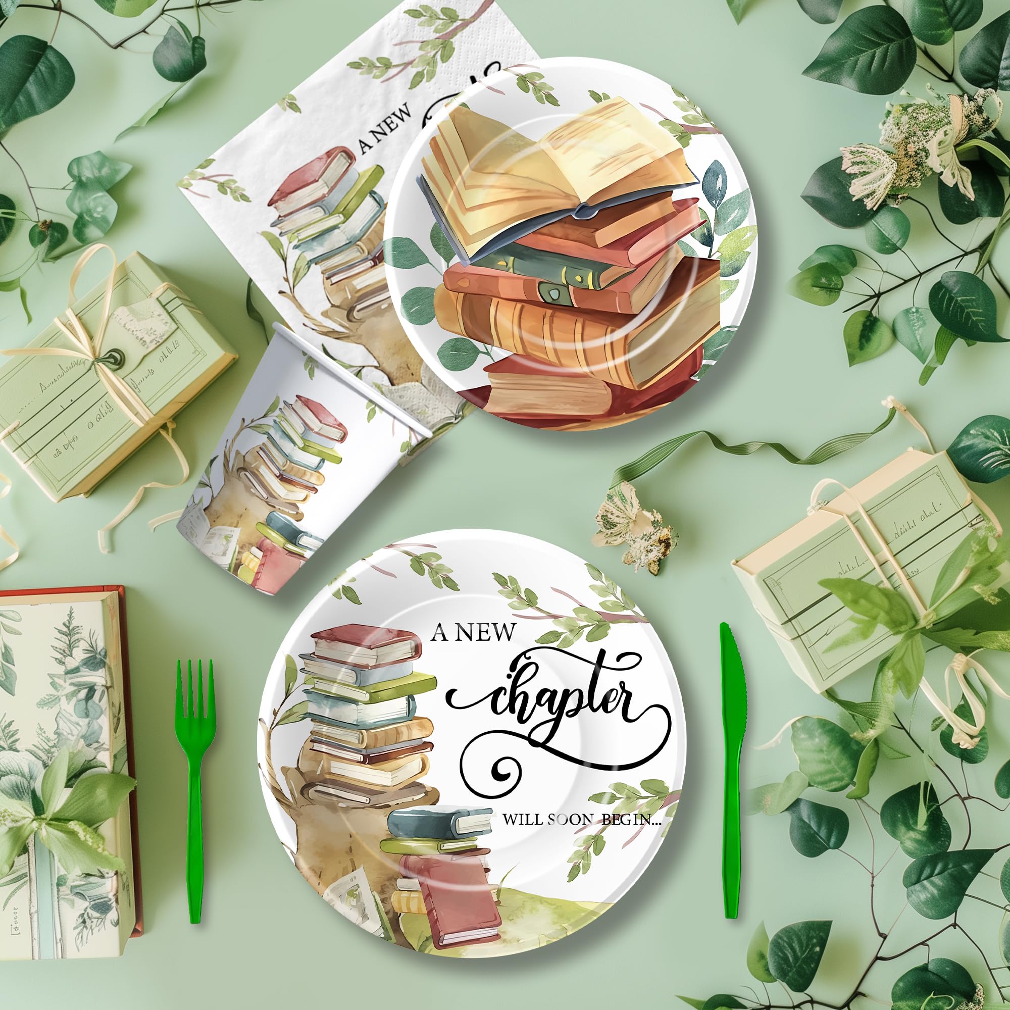 APOWBLS Storybook Baby Shower Decorations Supplies - A New Chapter Will Soon Begin Book Theme Party Decorations, Plate, Cup, Napkin, Cutlery, Library Reading Book Club Decorations Tableware | Serve 24