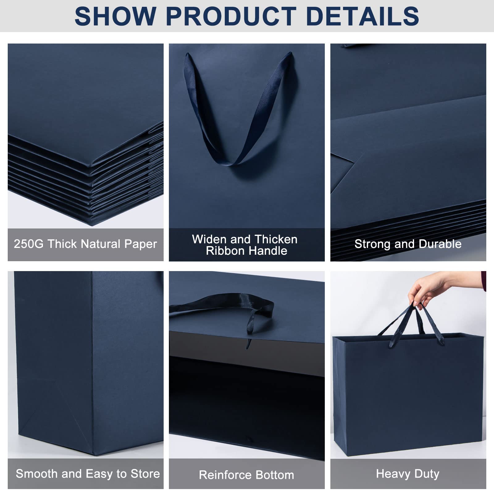 Katfort Large Navy Blue Gift Bag with Handles 12 Pack, 16''×6''×12'' Extra Large Gift Bag with Ribbon Handles, Reusable Heavy Duty Kraft Paper Bags Bulk for Shopping, Wedding, Party, Gift, Retail