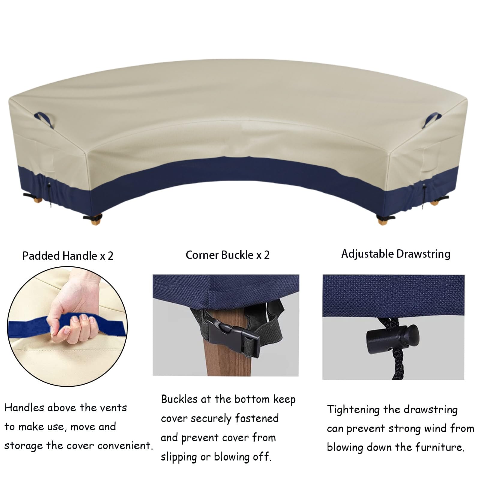 DUSTYPROTE Curved Sofa Cover,Outdoor Couch Cover 600D,Outdoor Sectional Covers Waterproof 120" L(Back)/82" L(Front) x 36" D x 38" H, Khaki with Dark Blue, Cover Only