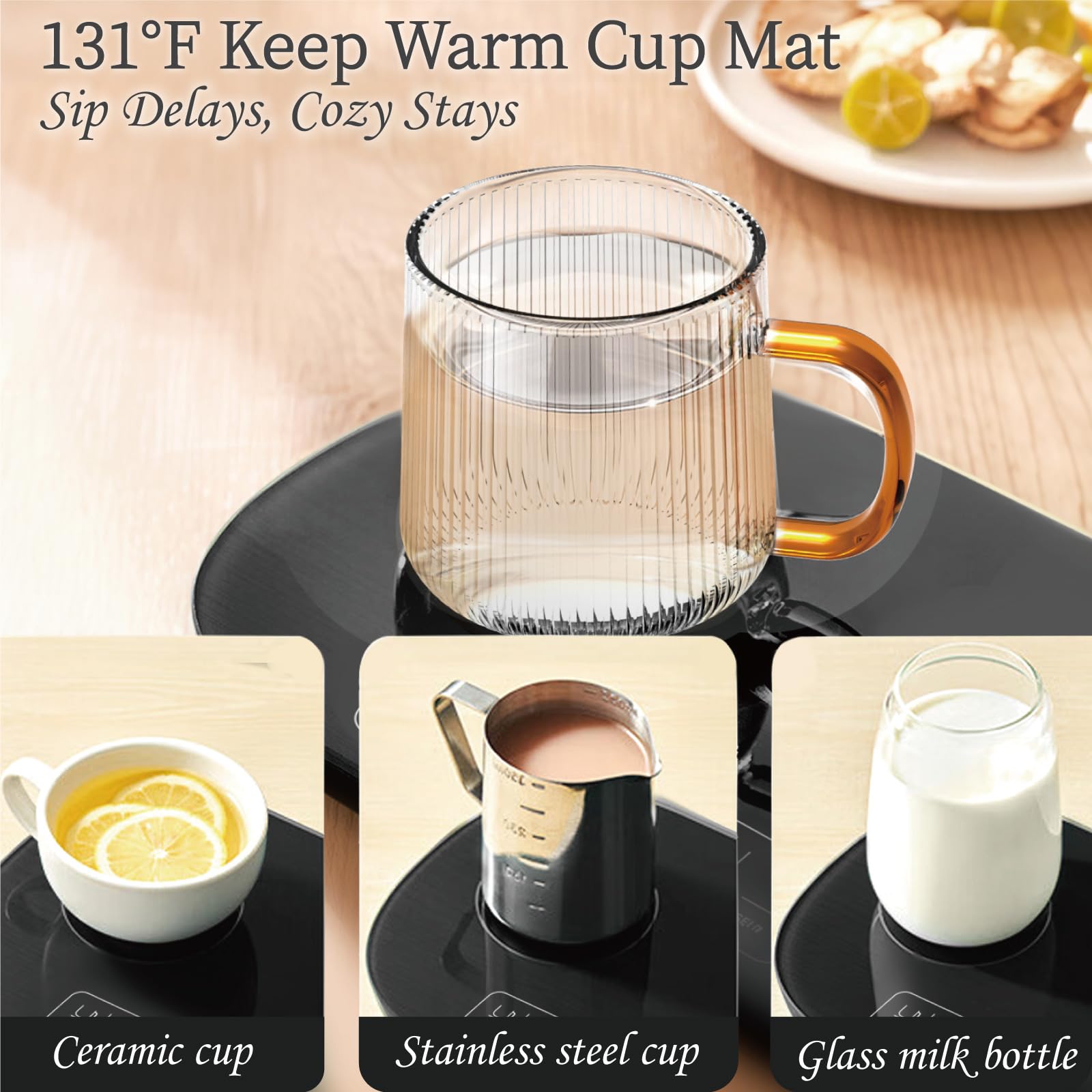 Feekaa Electric Tea Kettle with Cup Warmer, Small Glass Hot Water Boiler, Tea Kettle Set for Home and Office with Removable Stainless Steel Infuser, Auto Keep Warm, Green Tea/Coffee, BPA Free, Black