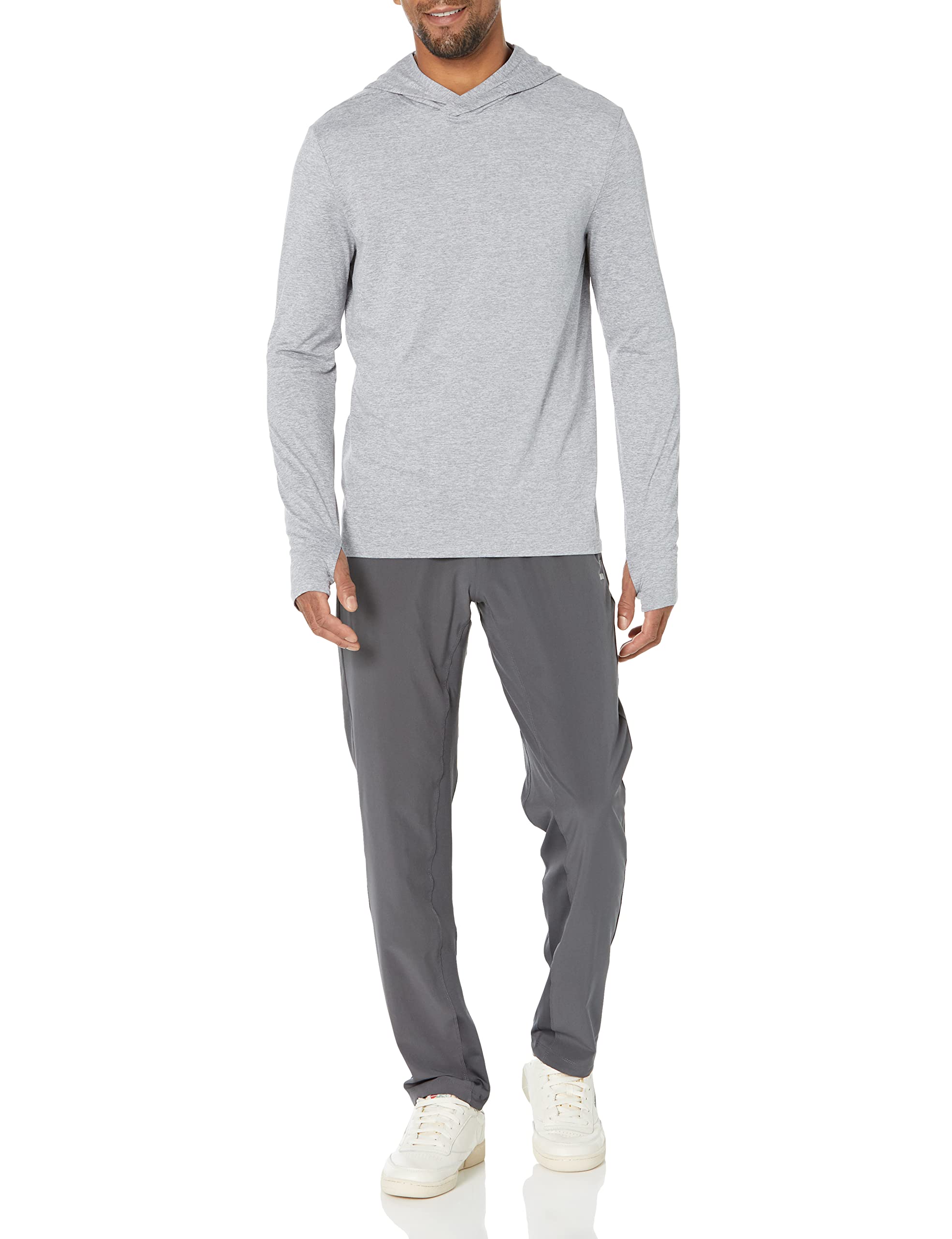 Amazon Essentials Men's Tech Stretch Long-Sleeve Hooded T-Shirt, Light Grey Space Dye, Medium