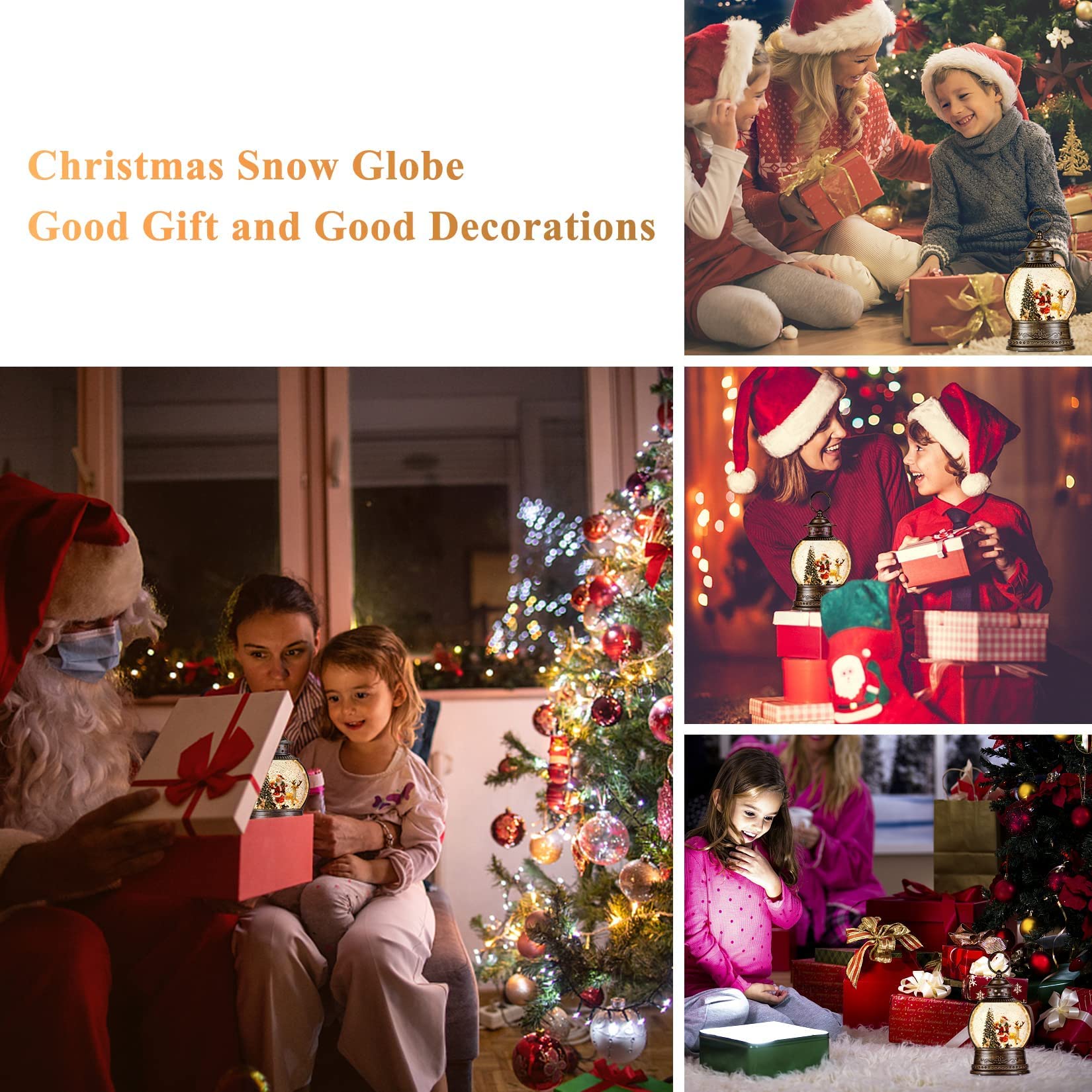 Christmas Snow Globes Musical with Santa Claus & Reindeer, Kikth Snowglobes Christmas Lantern Glitter Lighted for Christmas Decorations and Gift, Bronze