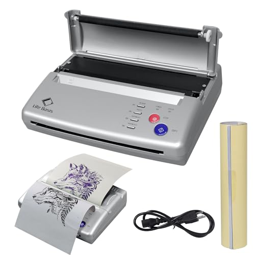 Life Basis Tattoo Stencil Transfer Machine Thermal Tattoo Kit Copier Printer Thermal Printer for Men and Women with 20pcs Tattoo Stencil Transfer Paper Silver Update Version