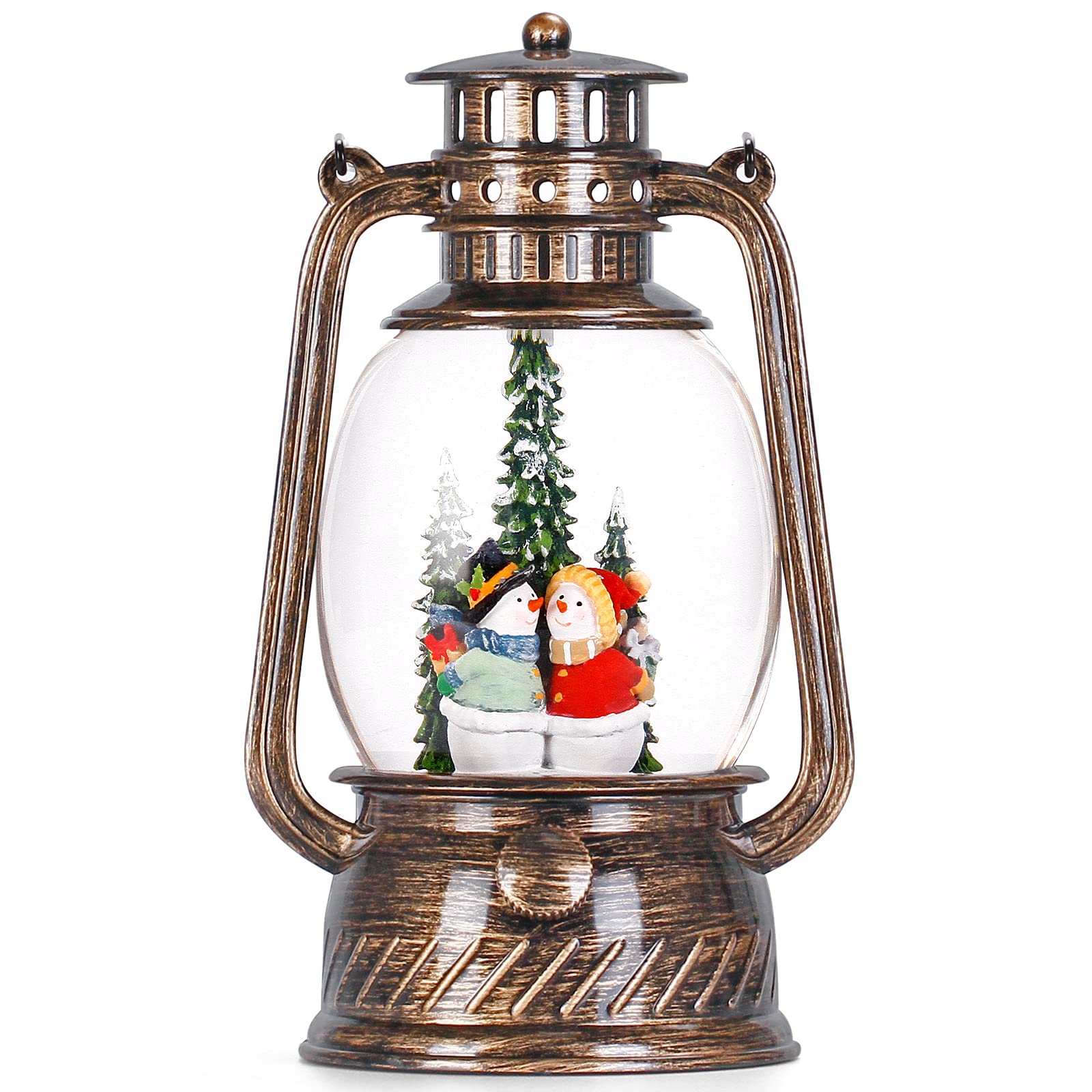 Christmas Snow Globes with Two Cute Snowman, Kikth Snowglobes Christmas Lantern Glitter Lighted for Christmas Decorations and Gift, Bronze