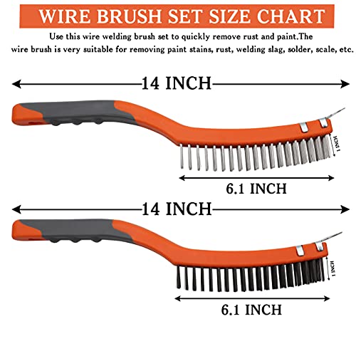 MAXMAN Wire Brushes 2 Pcs, 14 Inch Stainless & Carbon Steel Wire Scratch Brush, Wire Brush with Rubber Handle, Heavy Duty Wire Brushes with Metal Scraper for Cleaning Rust, Automotive, Paint, Welding