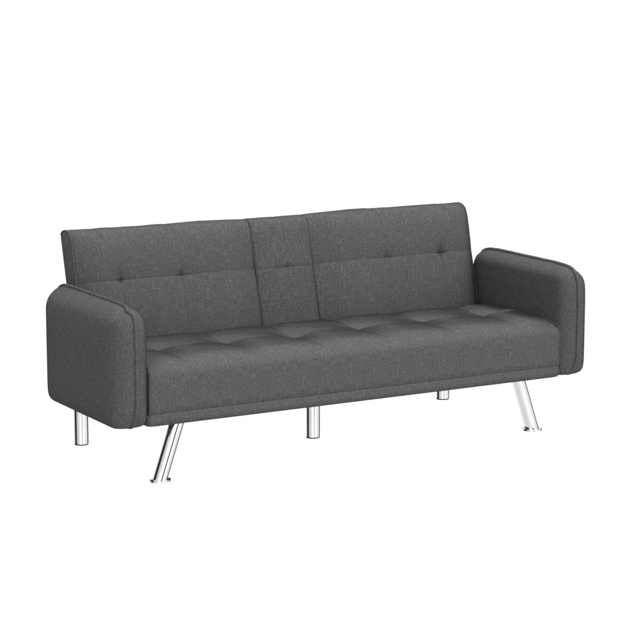 IULULU Futon Sofa Bed, Convertible Couch with 2 Cup Holders Loveseat with Armrest for Studio, Apartment, Office, Living Room, Dark Grey