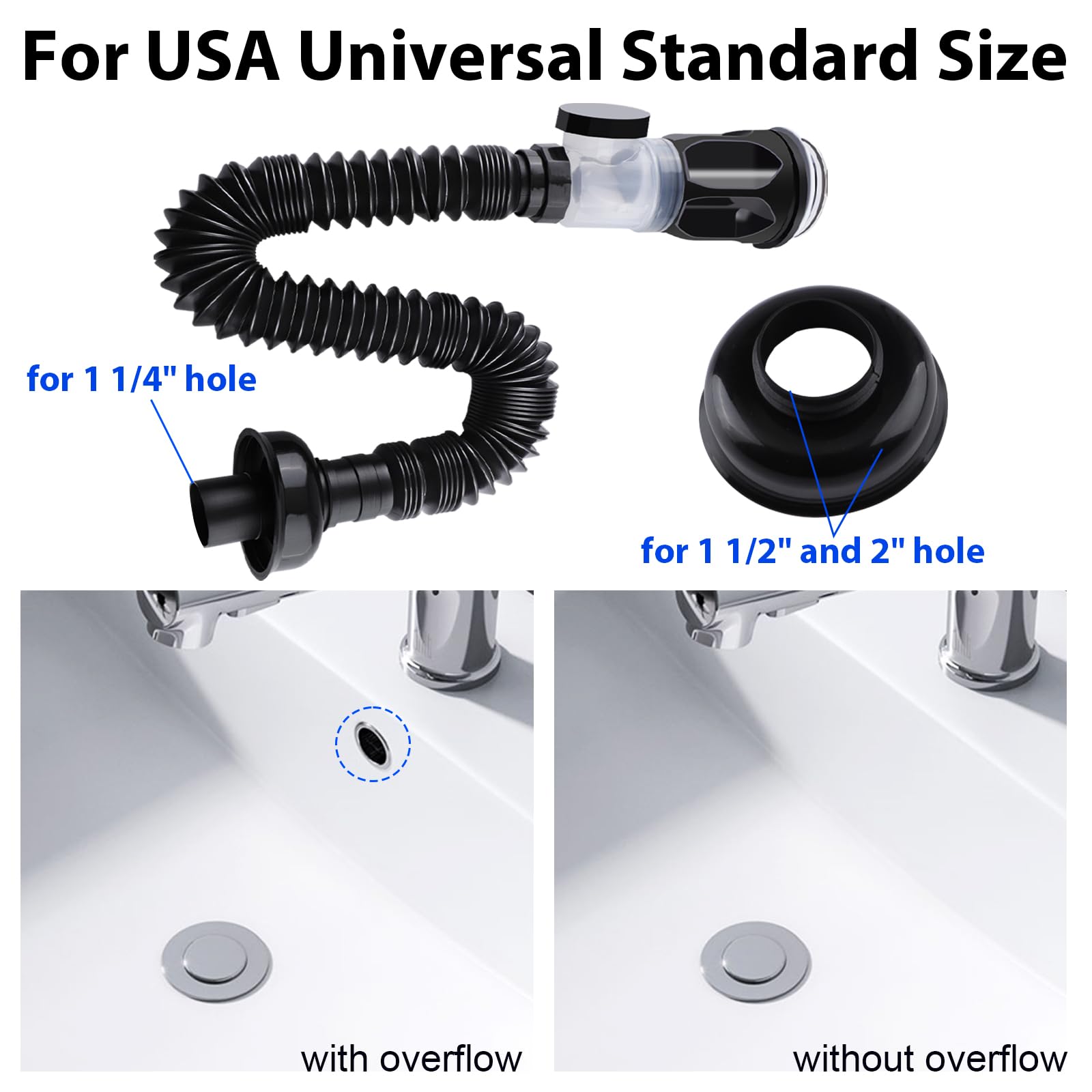 Bathroom Sink Drain Kit P Trap Bathroom Sink - Anti-Odor Flexible Expandable Sink Drain Pipe Snappy Trap with Built in Anti-clogging Stopper for 1-1/4'' & 1-1/2'' Drain Hole or RV Sink Drain