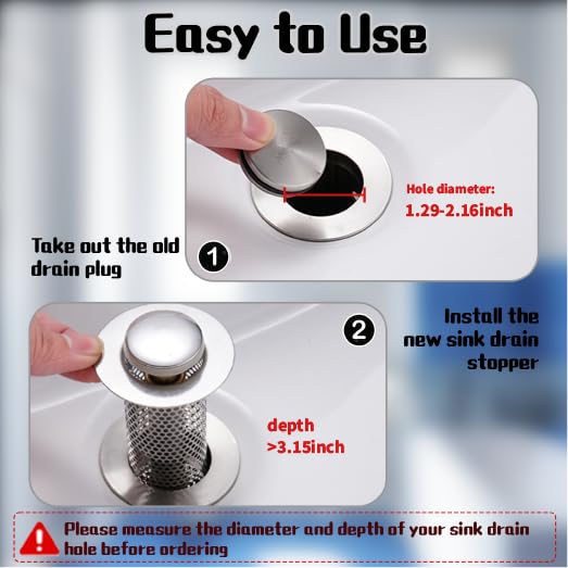 Bathroom Sink Drain Strainer Hair Catcher, Pop Up Sink Drain Filter with Removable Stainless Steel Filter Basket for 1.29-2.16 inch Bathroom Sink Stopper Replacement 2 Pack