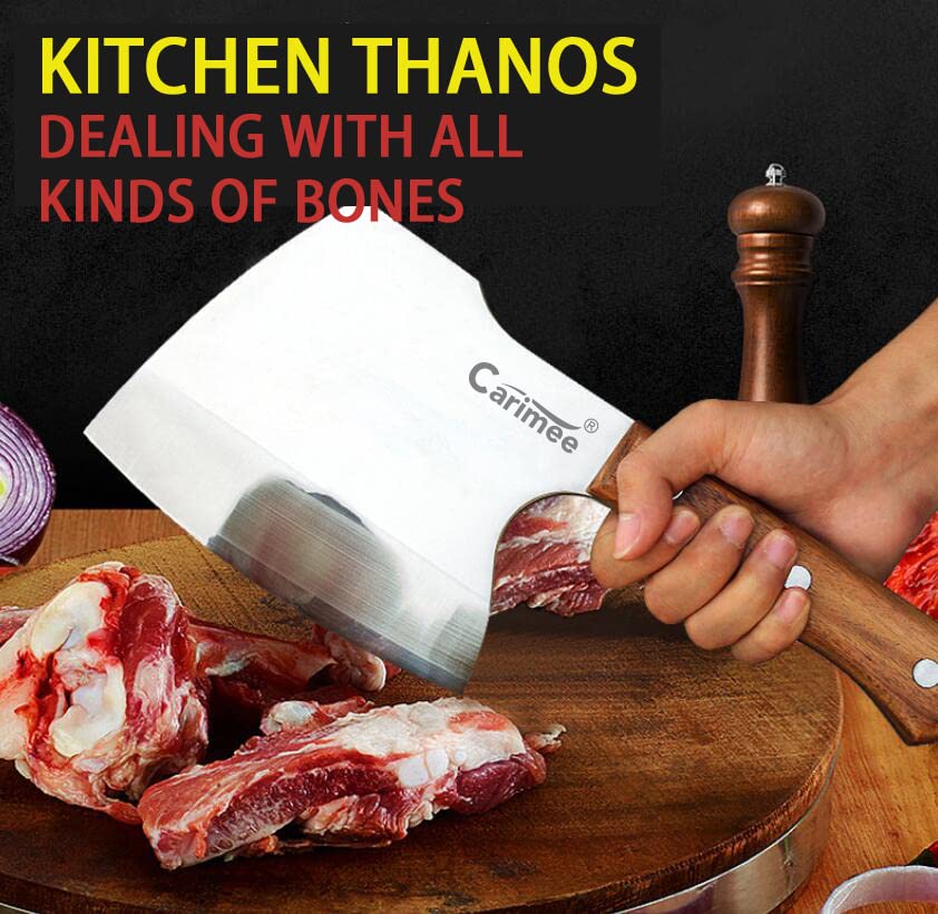 Carimee Meat Cleaver Butcher Axe Bone Knife Chopper Heavy Duty - 6.3'' Bone Cutting Knife Bone Breaker, Stainless Steel Thicken Blade & Pear Wood Handle, for Kitchen/Slaughterhouse