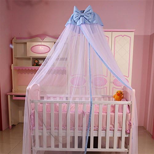 RuiHome Dome Style Hanging Baby Mosquito Net Nursery Bed Canopy with Blue Bowknot Decor, Netting with Holder Stand