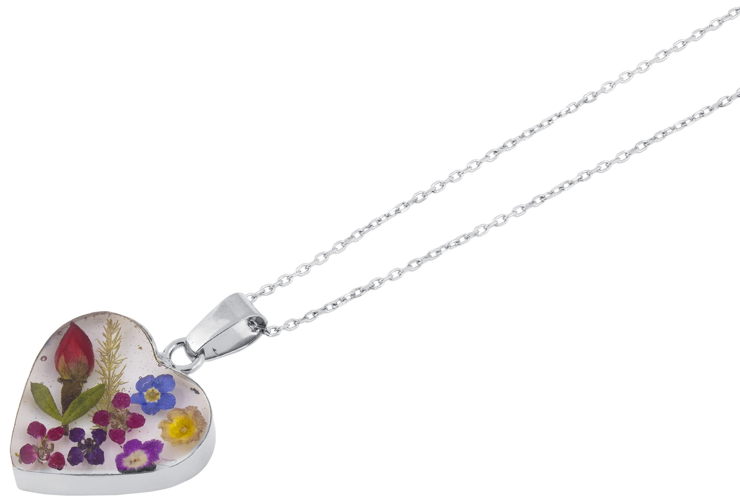 Amazon Essentials Sterling Silver Multi-Colored Pressed Flower Heart Pendant Necklace, 16" (previously Amazon Collection)