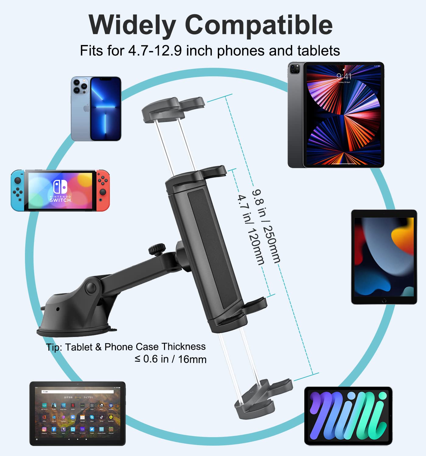 Aozcu Car Dashboard Tablet Mount for Truck, Telescopic Arm Tablet Holder with Super Sticky Suction Cup, Dash Windshield Stand for iPad Pro 12.9 11 Mini Air 5 4 3, Galaxy Tabs, iPhone, 4-13" Tablets