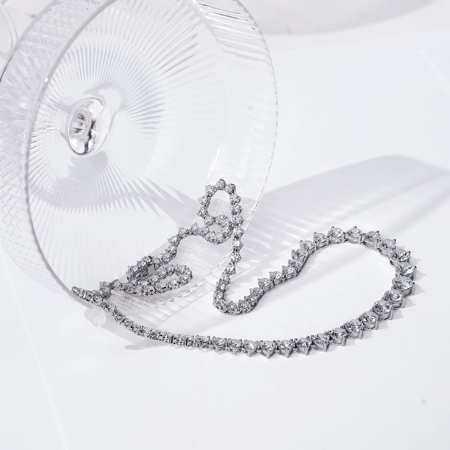 Amazon Essentials Platinum Plated Sterling Silver Riviera Necklace set with Graduated Round Cut Infinite Elements Cubic Zirconia (20.75 cttw), 17" (previously Amazon Collection)