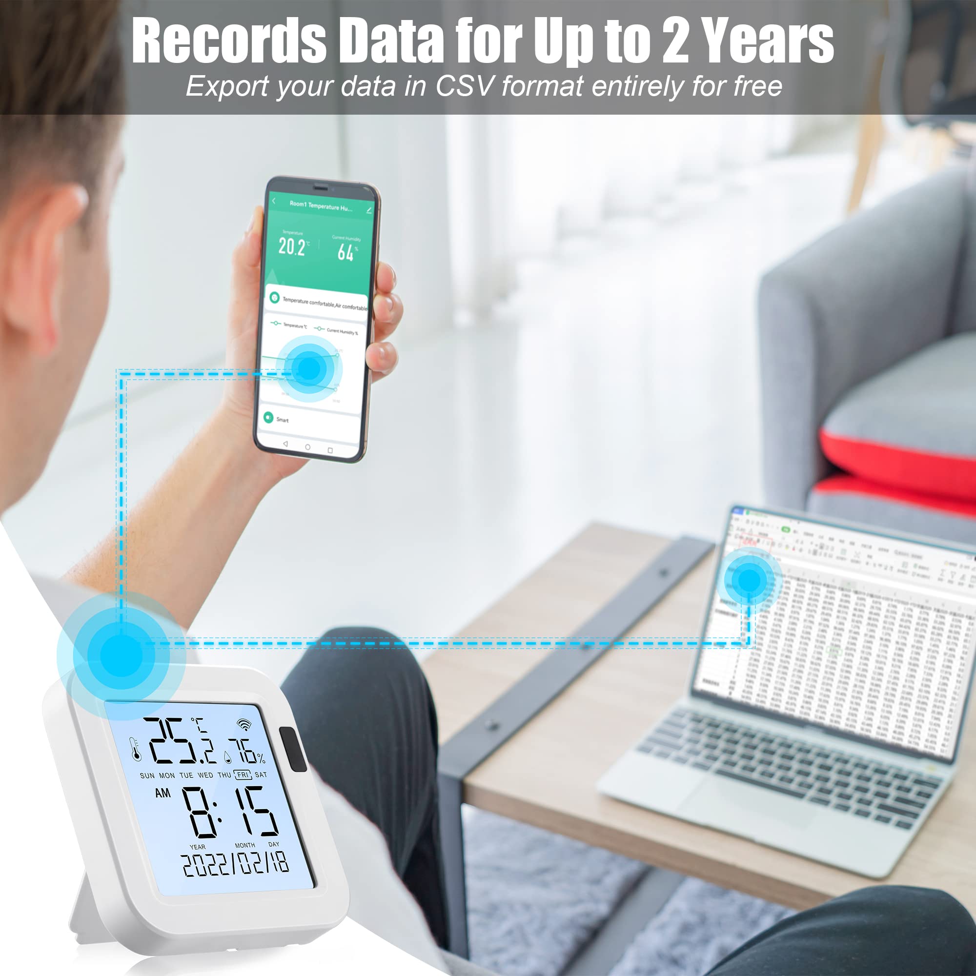 WiFi Room Thermometer Hygrometer Sensor, Temperature Humidity Monitor with Smart Alert 2 Years Free Data Storage Large Back-Light Screen, Compatible with Alexa/Google for Baby Home Garage Greenhouse
