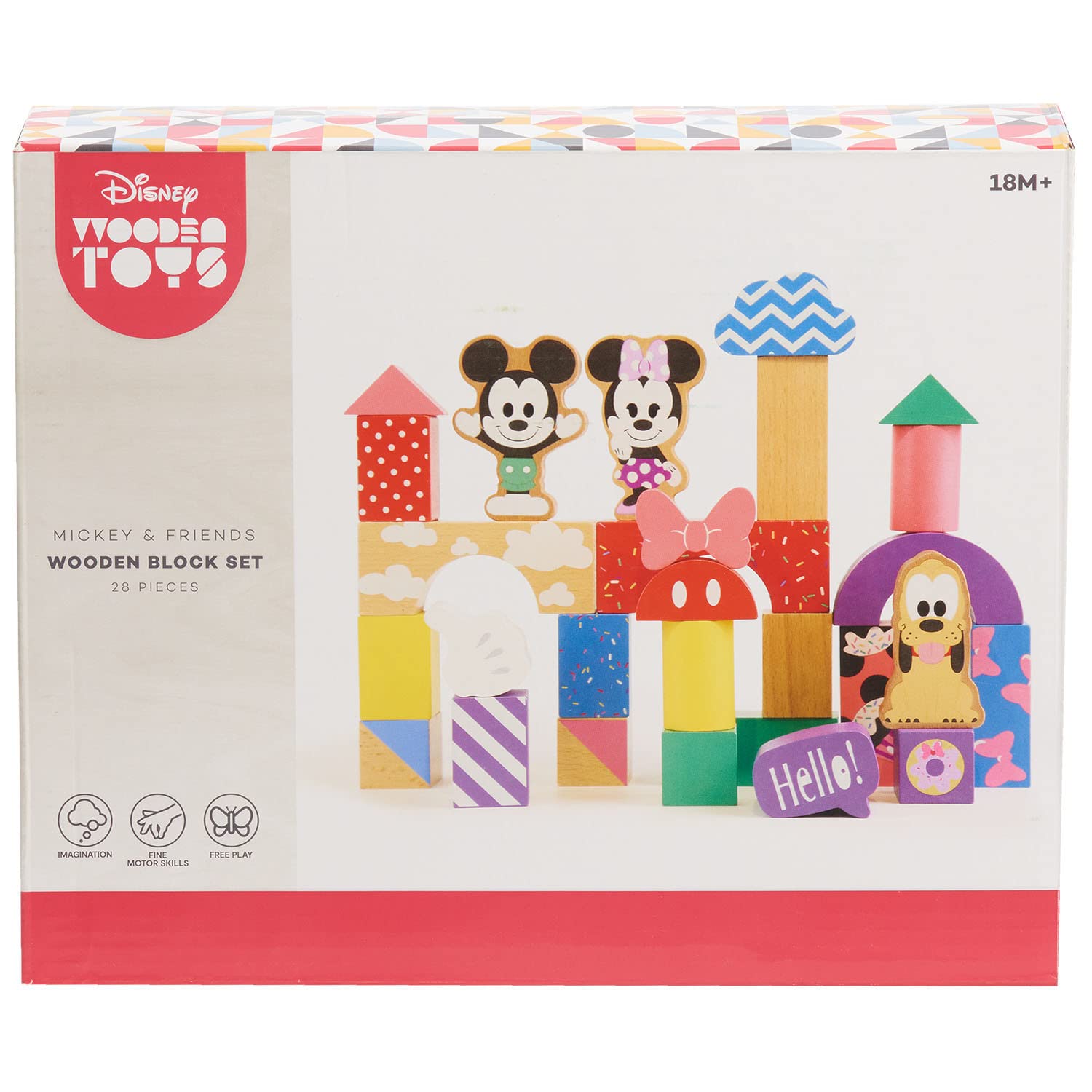 Just Play Disney Wooden Toys Mickey Mouse & Friends Block Set, 28-Piece Set Includes Mickey Mouse, Minnie Mouse, and Pluto, Kids Toys for Ages 18 Month