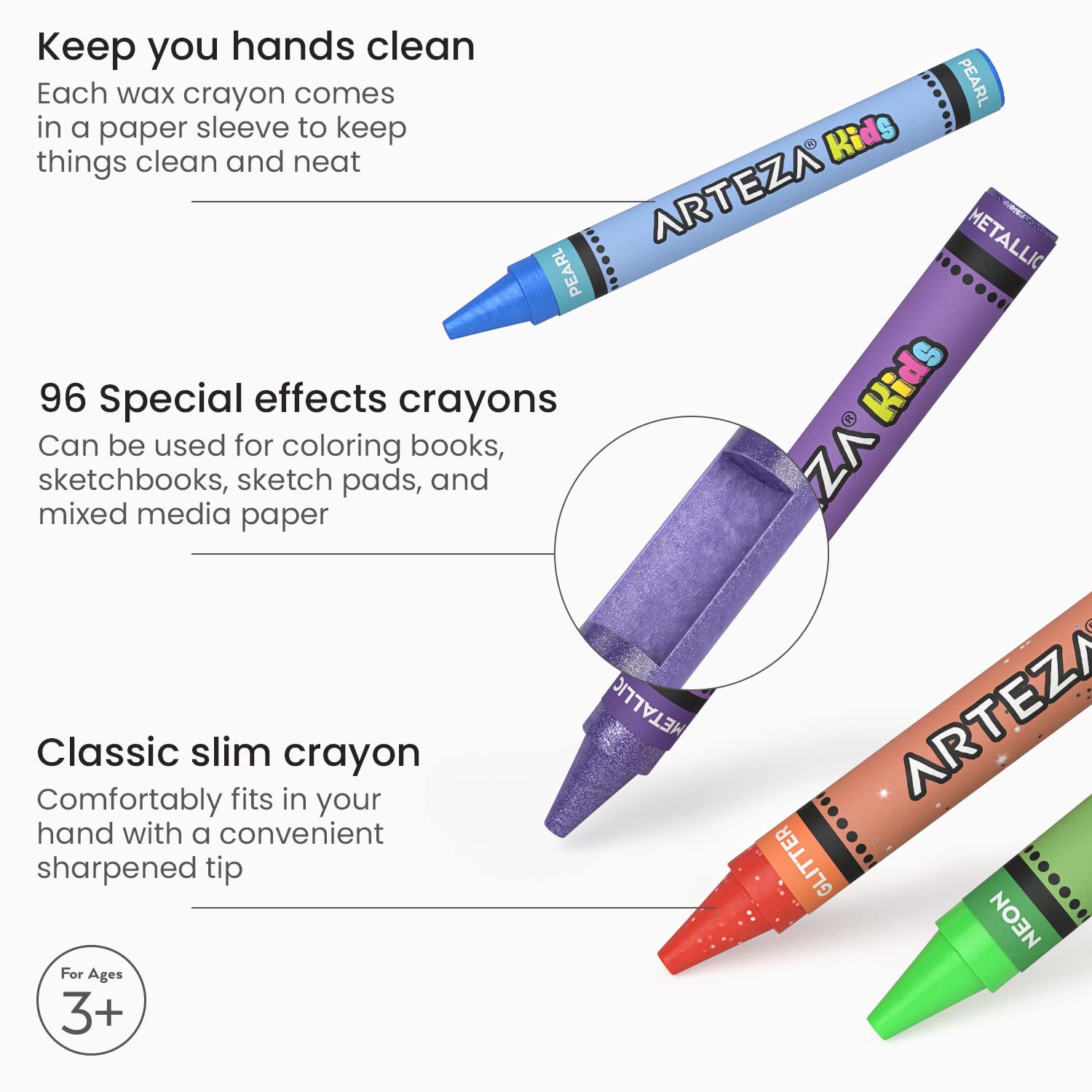 ARTEZA Kids Crayons, Set of 96, Regular Size Metallic, Neon, Pearl, and Glitter Crayons for Kids Ages 4-8