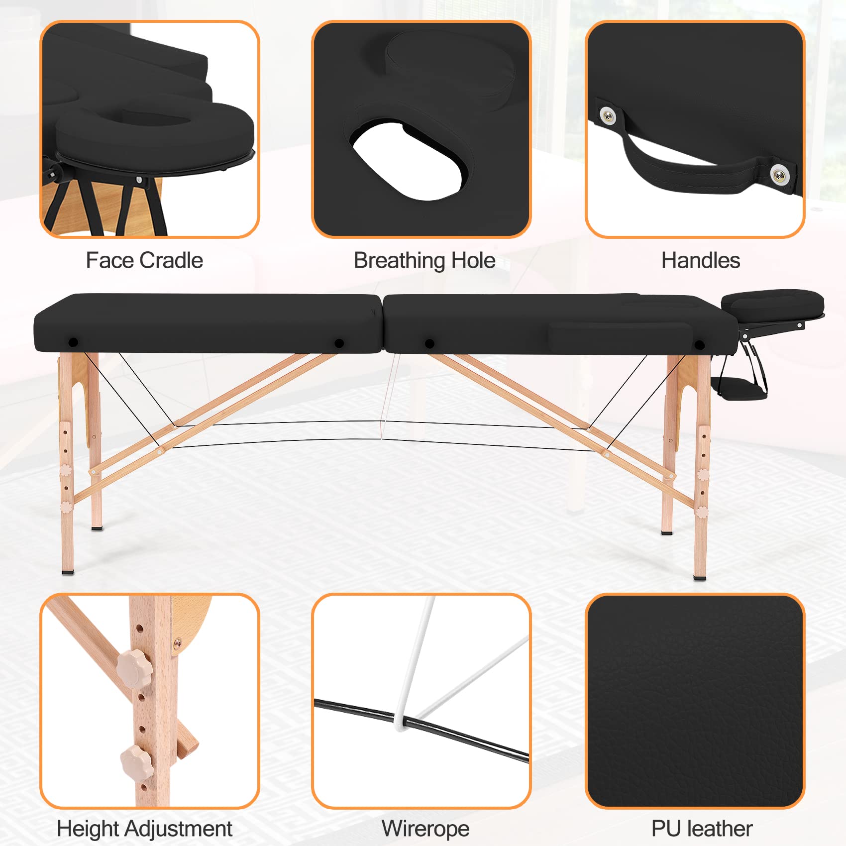 Aufvolr Professional Massage Table with Carrying Case, 84" Portable 2 Wooden Folding Massage Bed, Spa Bed Adjustable Height Salon Bed Face Cradle Bed Tattoo Bed Lash Bed for Eyelash Extensions