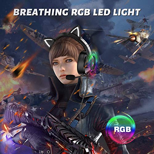 AJIJAR Gaming Headset with Removable Cat Ears, Compatible with PC PS4 PS5 Xbox One(Adapter Not Included) Mobile Phones, with Surround Sound, RGB Backlight & Noise Canceling Retractable Microphone