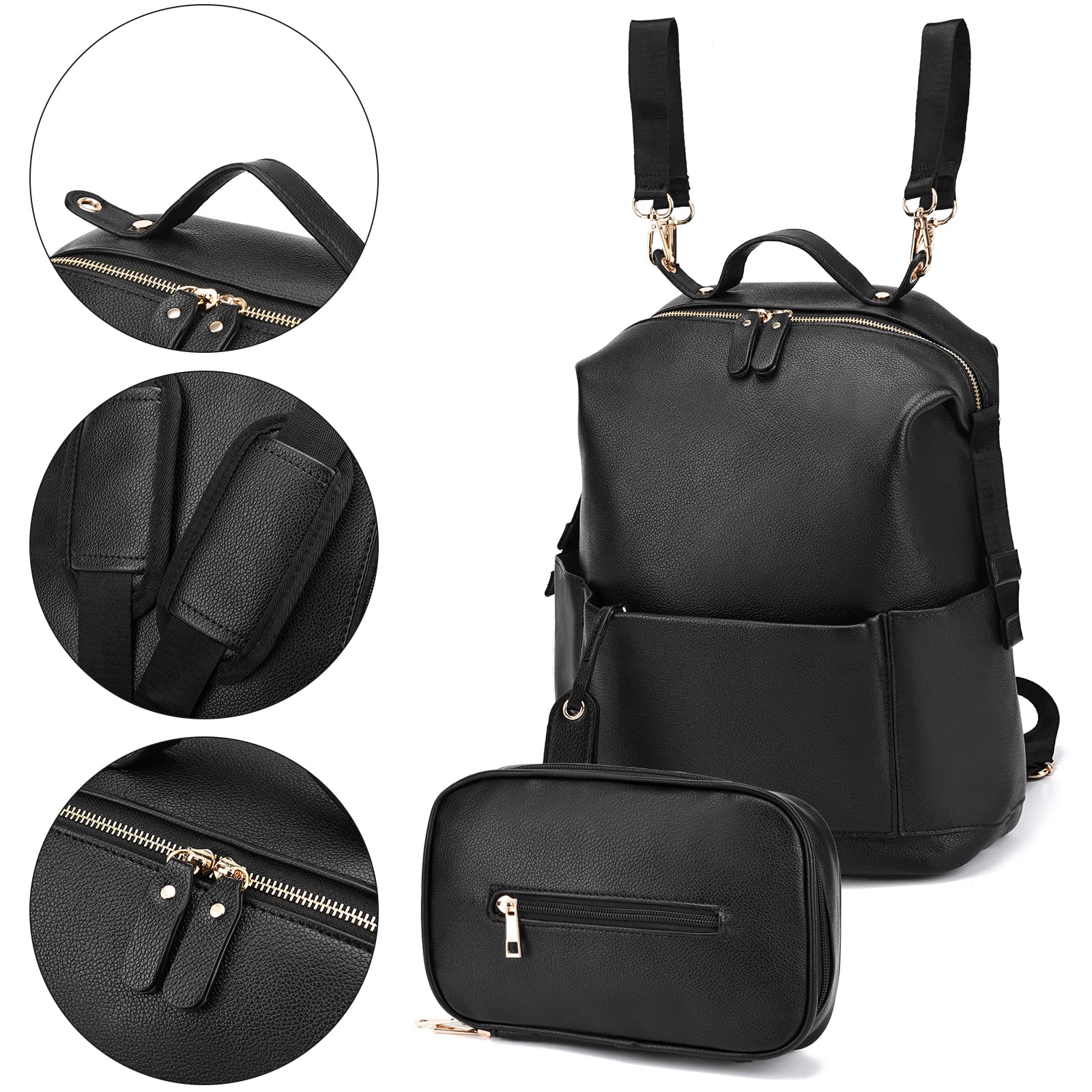 Diaper Bag Backpack for Mom Pu Leather Waterproof Multifunctional Large Capacity Travel Baby Bag with Changing Pad for Boy Girl Stroller Straps 2pcs Black