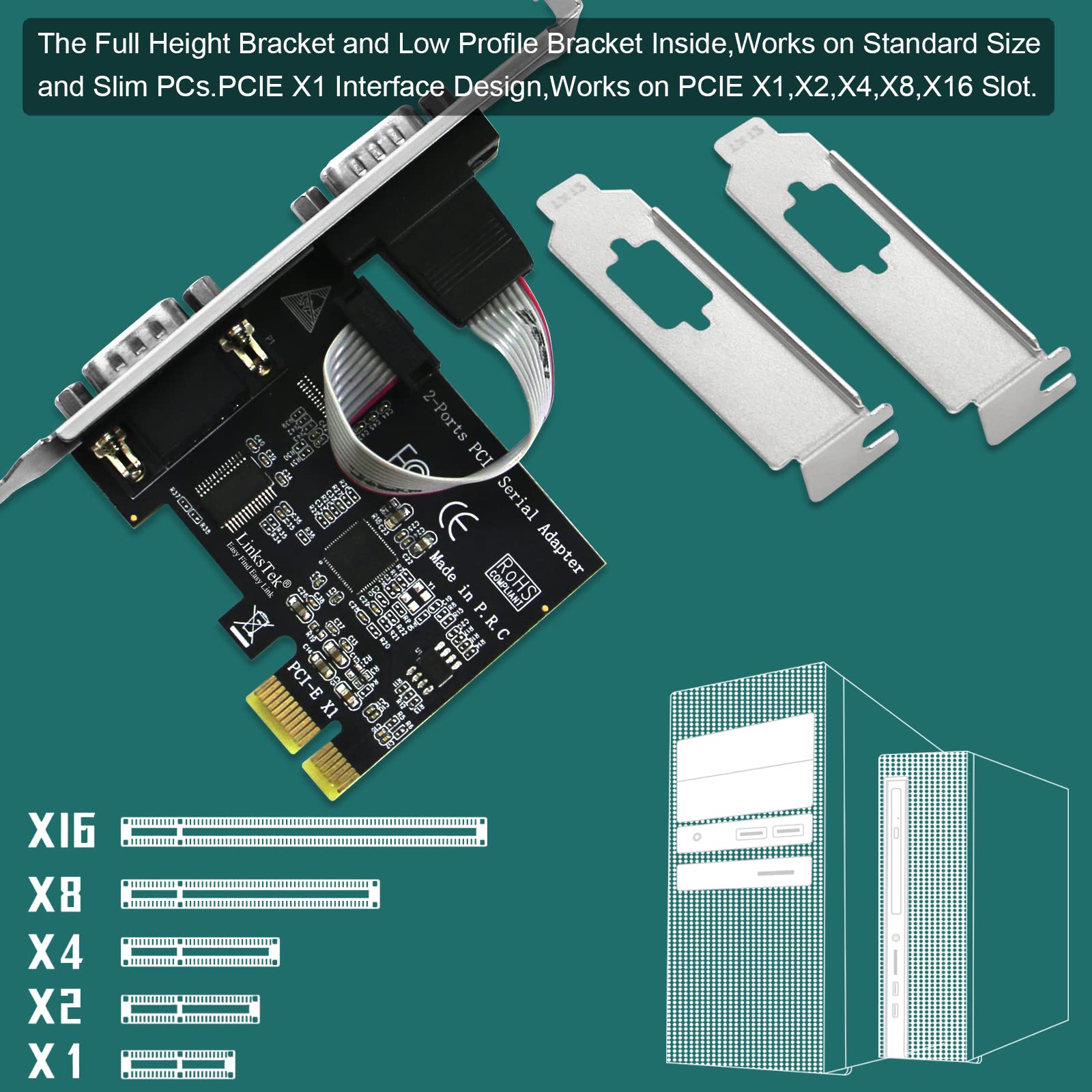 LinksTek 2-Port PCI Express RS-232 DB9 Serial Port Card for Windows XP, Vista,7, 8.x, 10, 11 32/64bit and Linux PCs, PCIE RS232 Card, PCIE Serial DB9 Port Card (PCIE-SE2)