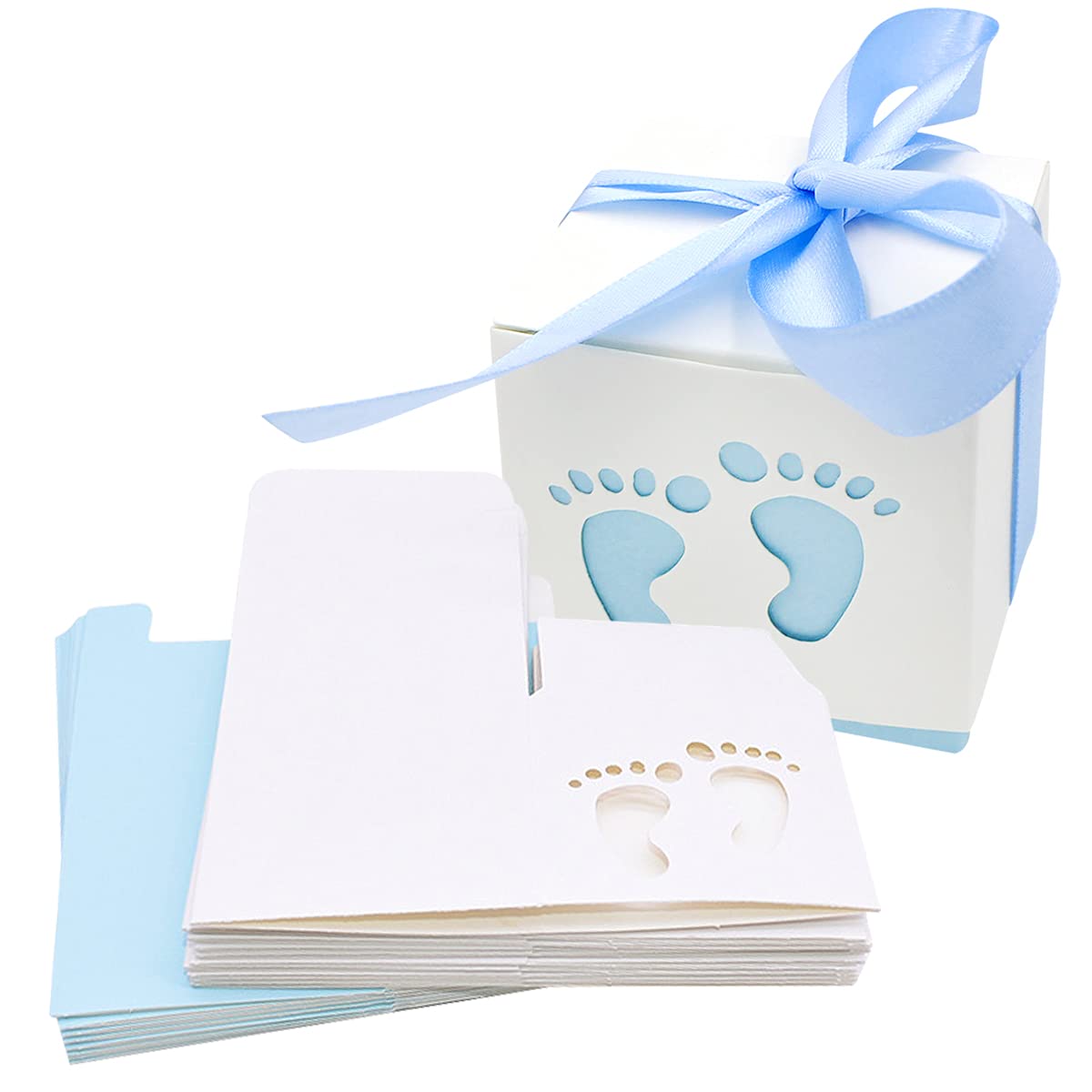 HADEEONG 50pcs Baby Shower Party Favor Boxes, 2.4 x 2.4 inch Small Candy Gift Treat Boxes Footprint Design for Kids Birthday Baby Shower Guests Wedding Party Supplies with Ribbon,Blue
