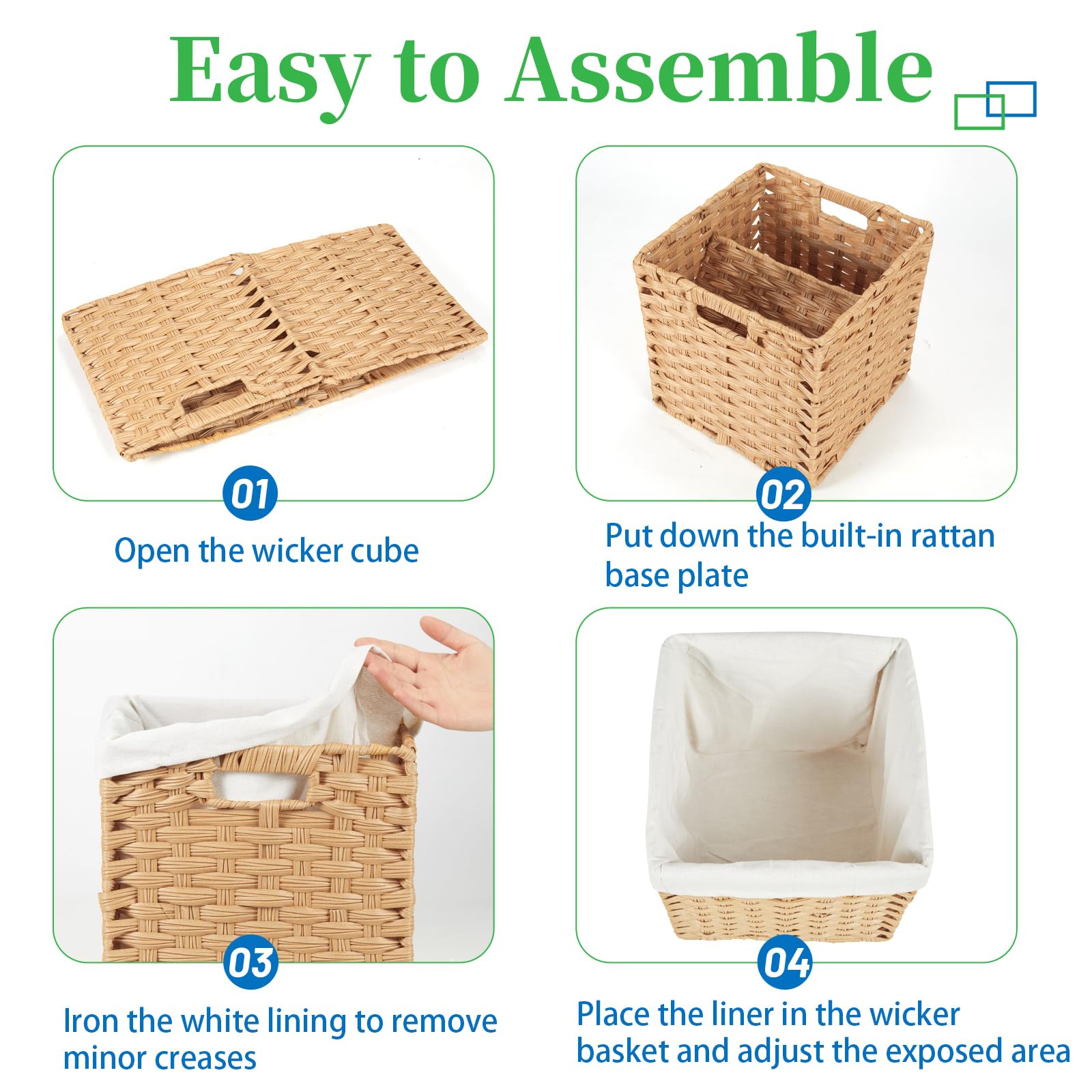 Bidtakay Wicker Storage Baskets with Liners 11x11 Storage Cube Bins with Handles Imitation Water Hyacinth 4-Pack Waterproof Woven Storage Baskets for Organizing Rattan Baskets Organizer-Natural