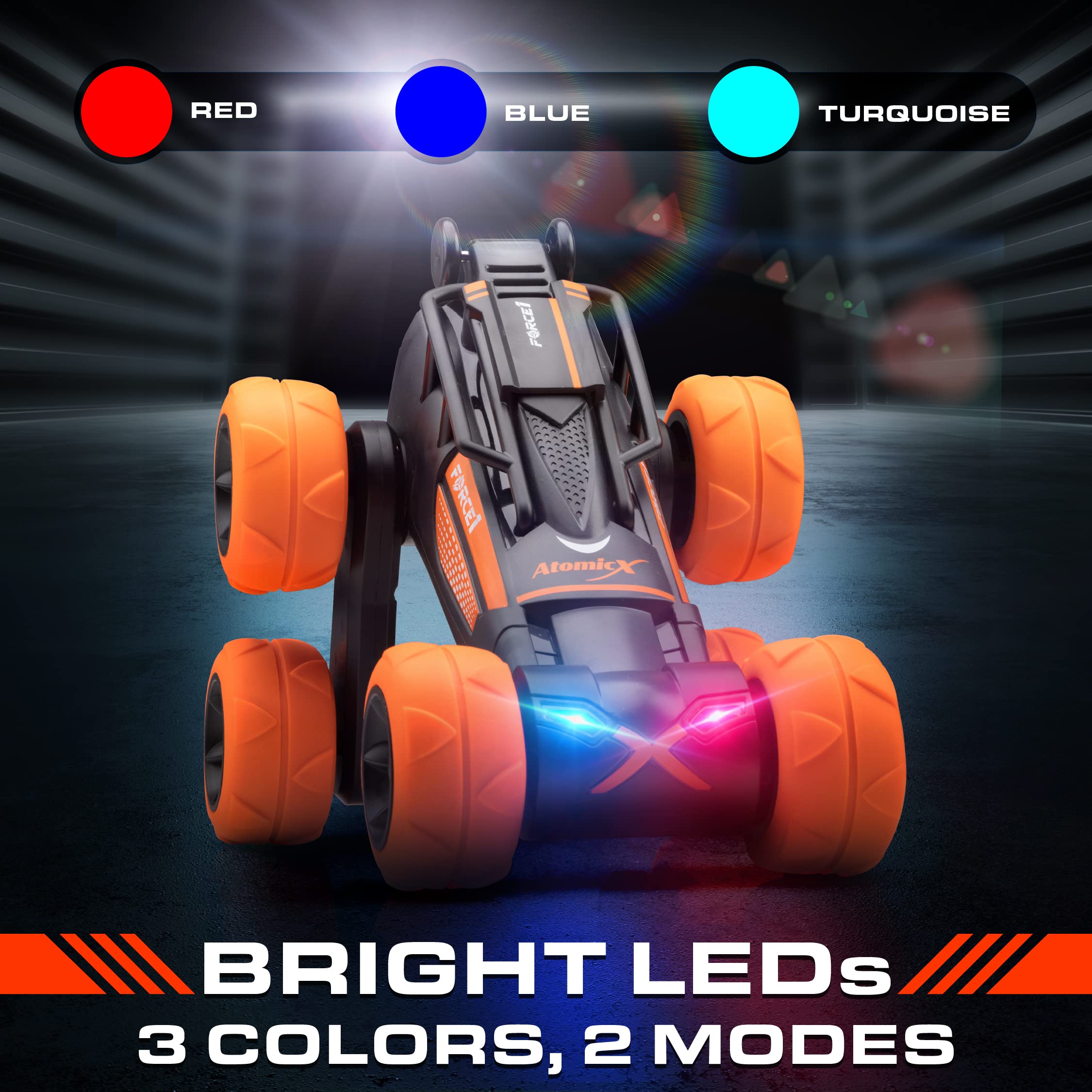Force1 Atomic X Remote Control Car for Kids - 6 Wheeled RC Stunt Car Toy LED Double Sided 360 Flips Rotating RC Crawler Wheels, 2.4 GHZ Remote Control Indoor Outdoor Toy for Boys/Girls (Orange/Black)