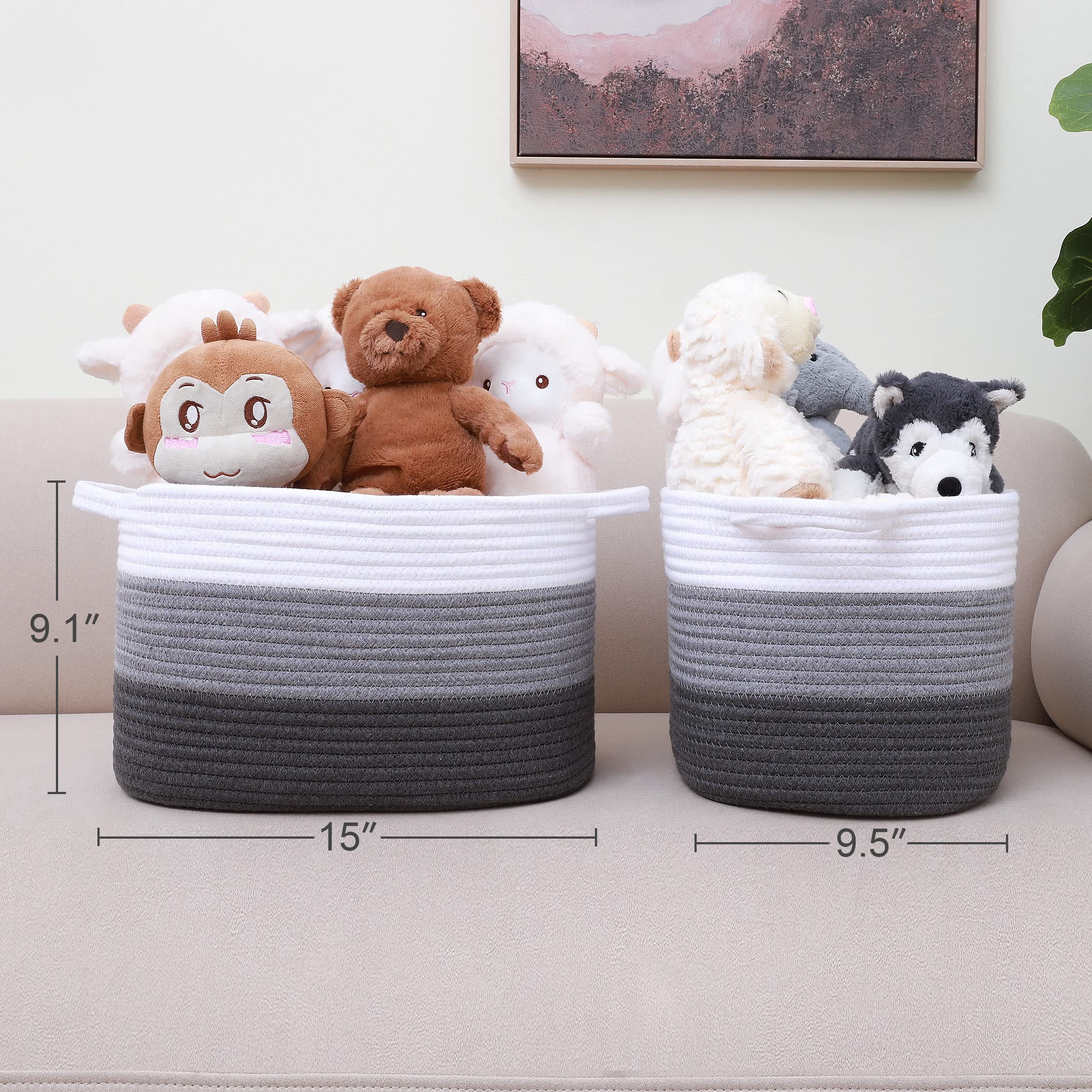 Bienvoun Cotton Rope Storage Baskets - 3 Packs Woven Storage Bins with Handle, Toy Storage Baskets, Blanket Baskets for Toy Storage, Blanket Storage, Book Storage(Dark Grey)