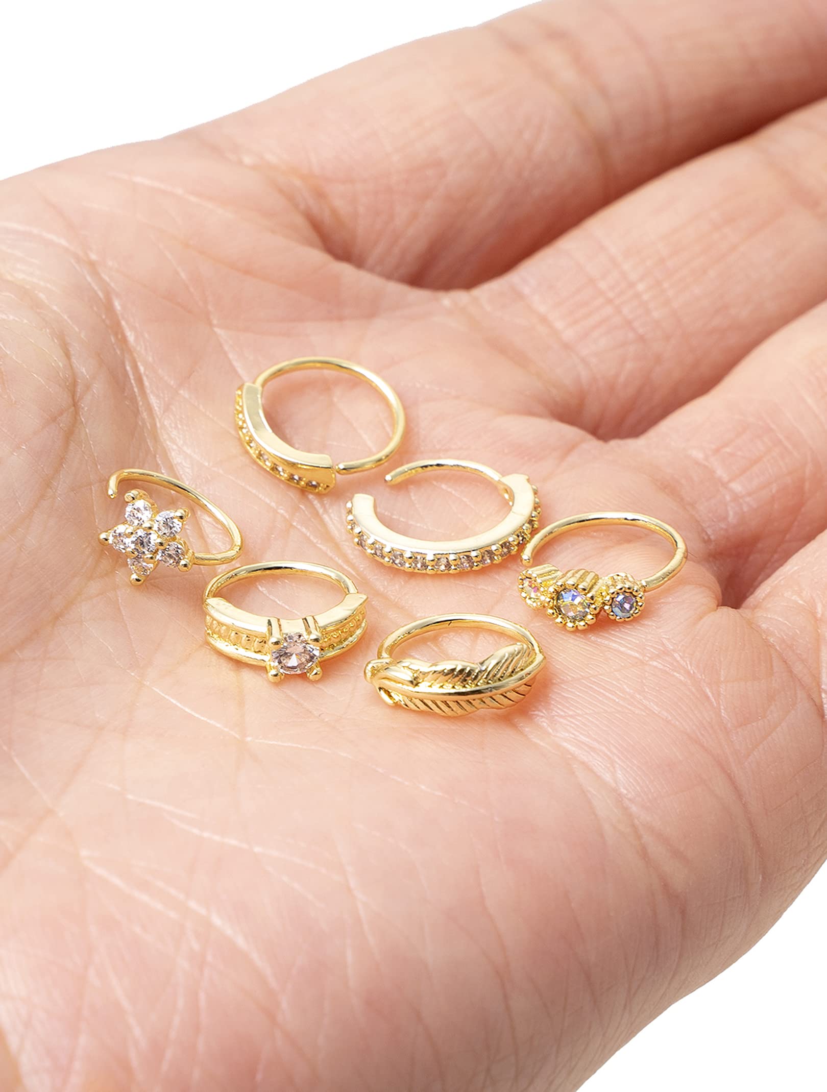 Akeoqi 12Pcs Nose Ring Hoop Cartilage Earring Cute Leaf Star CZ Butterfly Paved Nose Piercing Jewelry 20G for Women men Gold Tone