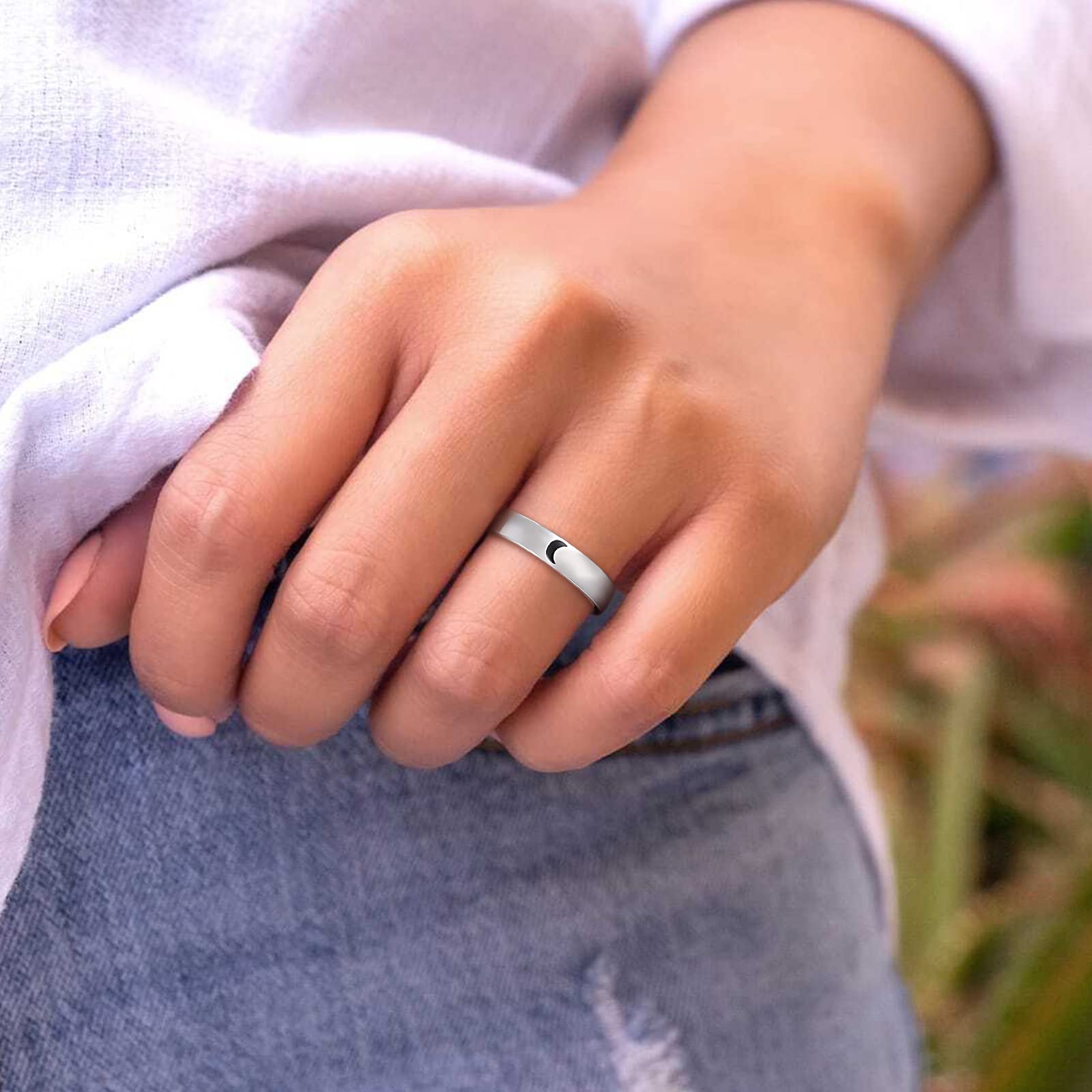 Arvaleff 4mm Moon Statement Ring for Women His and Hers 925 Sterling Silver Couple Rings High Polished Comfort Fit Size 8