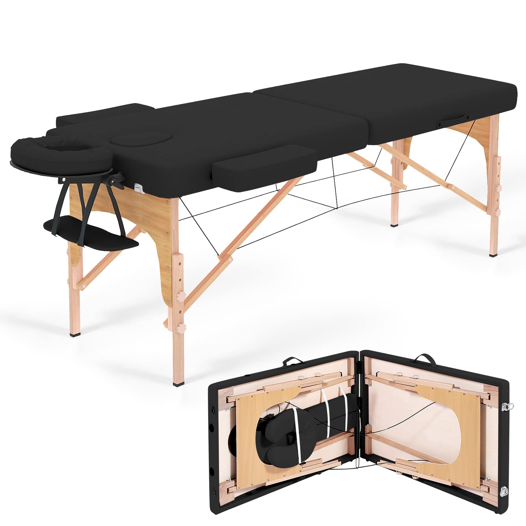 Aufvolr Professional Massage Table with Carrying Case, 84" Portable 2 Wooden Folding Massage Bed, Spa Bed Adjustable Height Salon Bed Face Cradle Bed Tattoo Bed Lash Bed for Eyelash Extensions