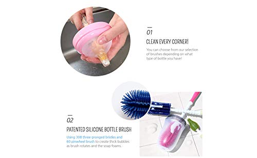 PETINUBE Baby Bottle Cleaning Brush Soft Brush Baby Bottle Cleaner Silicone Brush for Bottles and Cups for All Bottle Types(Navy, Swivel Handle Set)