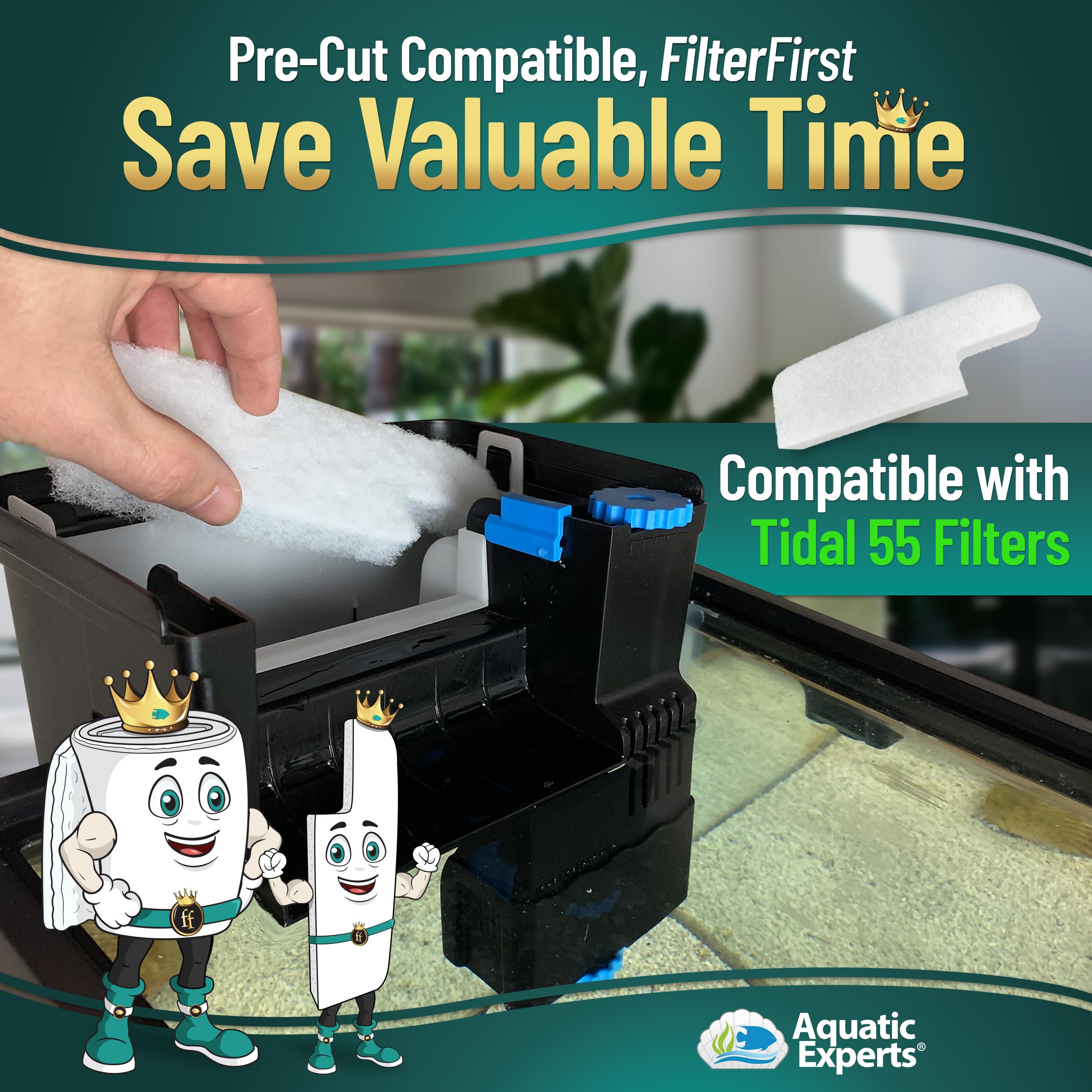 Aquatic Experts Aquarium Filter Floss for Fish Tank Filters - FilterFirst Aquarium Filter Pad - Aquarium Filter Media Roll for Crystal Clear Water (16 Pack, Tidal 55 Compatible)