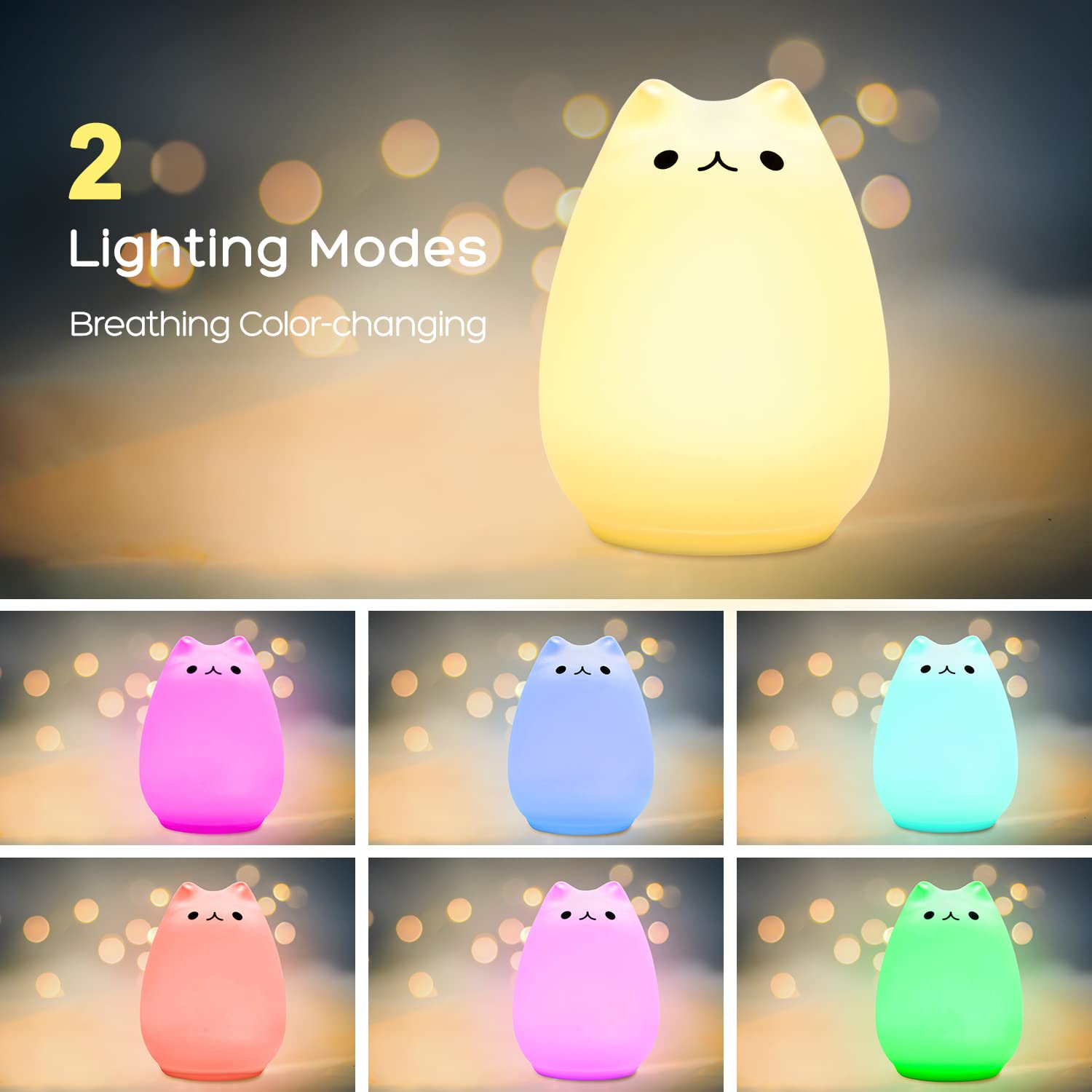 Litake Kitty Night Light, USB Rechargeable Silicone Cute Cat Night Light for Kids Baby Children, 7-Color Changing LED Cat Lamp Nursery Nightlights for Kids bedroom (Celebrity Cat)