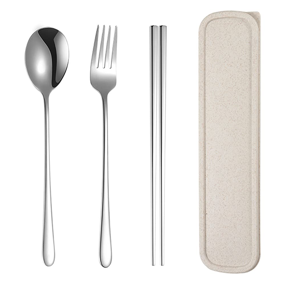 Xihuimay 3pcs Stainless Steel Chopsticks Fork Spoon Set with Travel Case Non-Slip Tabeware Pack Metal Portable Flatware Set Utensils Chinese Japanese Korean for Cooking Eating Dishwasher Safe, White