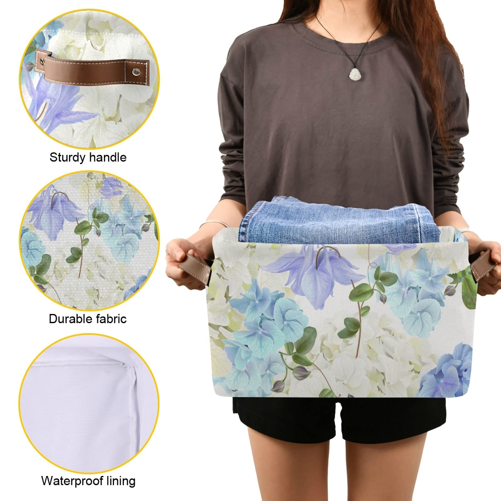 susiyo Blue White Hydrangea Flowers Storage Bins 2 Pcs, 14 x 10 inch Canvas Storage Basket for Shelves Closet Organizing
