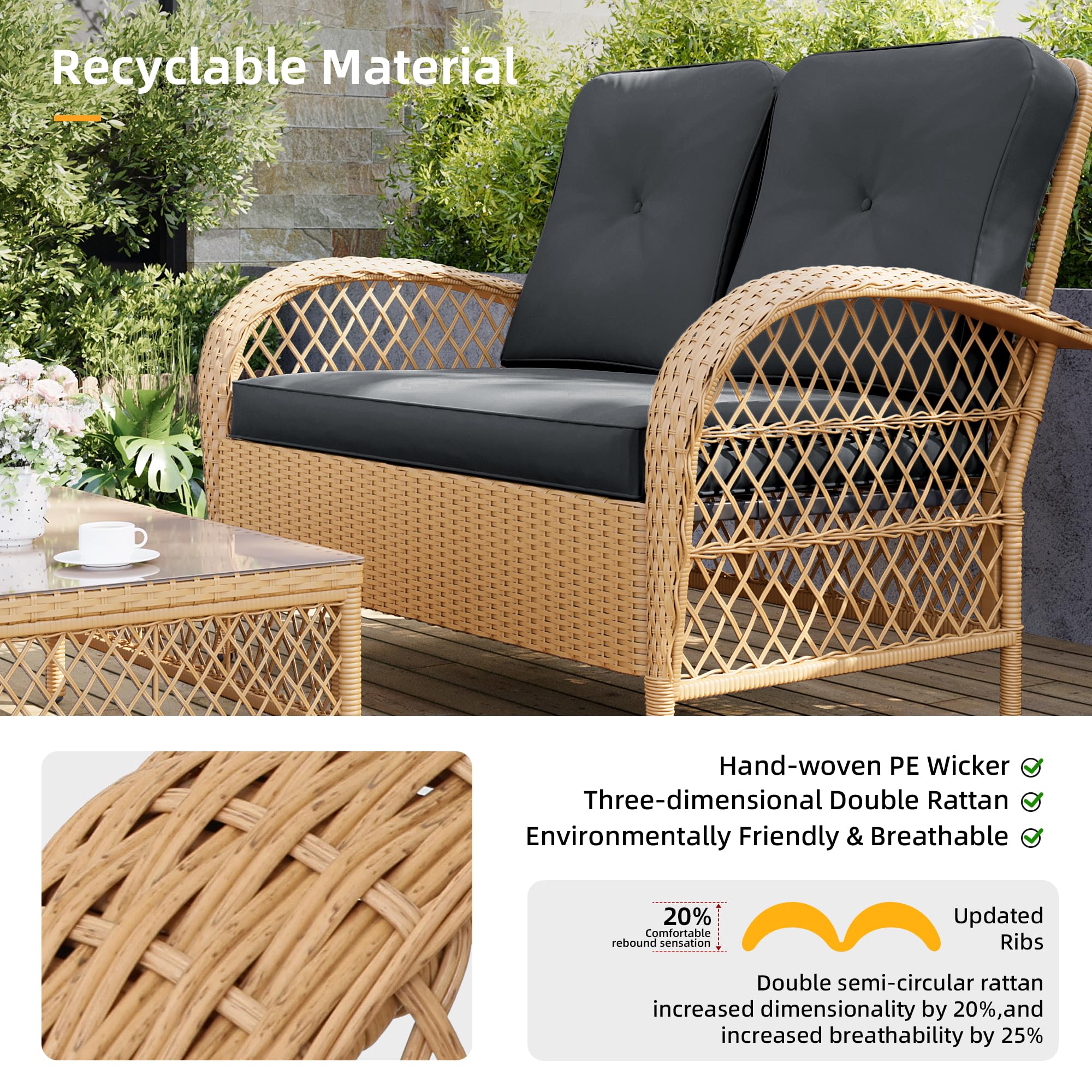 UPHA Patio Outdoor Furniture Set, Beige PE Rattan Patio Conversation Sets, 4 Pieces Wicker Patio Set with Loveseat, 2 Chairs, Coffee Table and Cushions for Backyard, Porch,Darkgrey