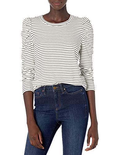 Amazon Essentials Women's Supersoft Terry Pleated-Sleeve Sweatshirt (Previously Daily Ritual), Black White Thin Stripe, Medium