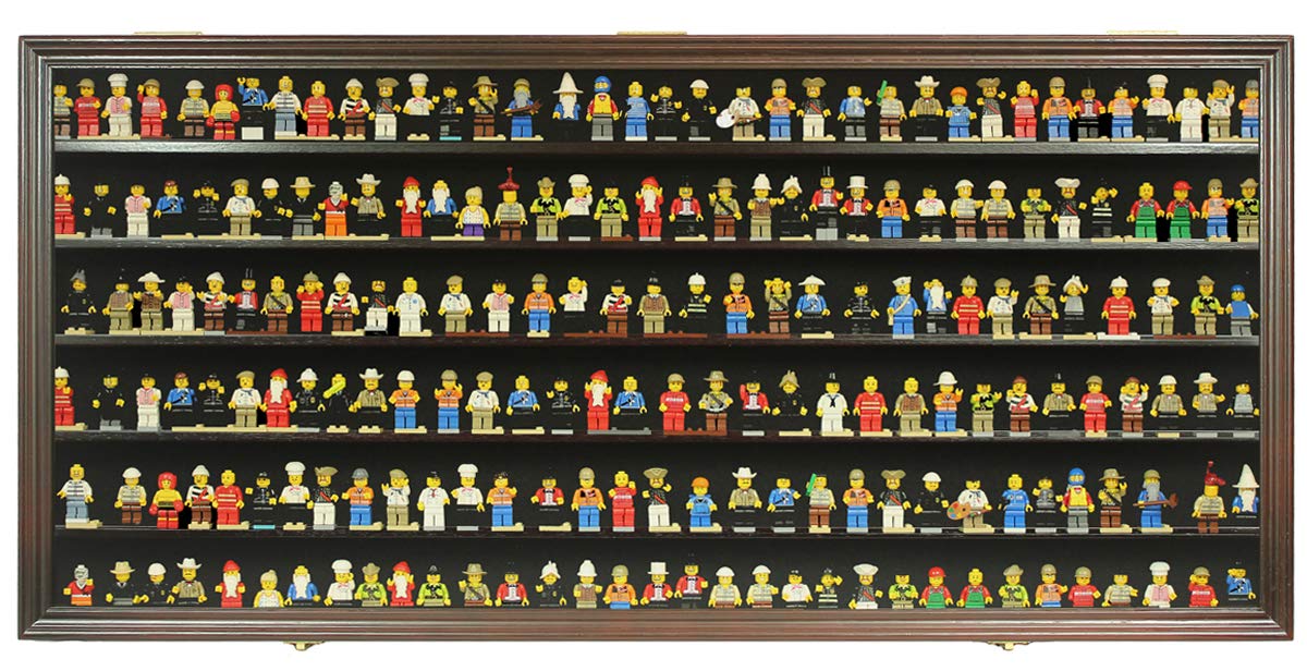 DisplayGifts Toy Minifigures Miniatures Display Case Frame Wall Cabinet Stand 200 Toys Dust Protection Mahogany Finish