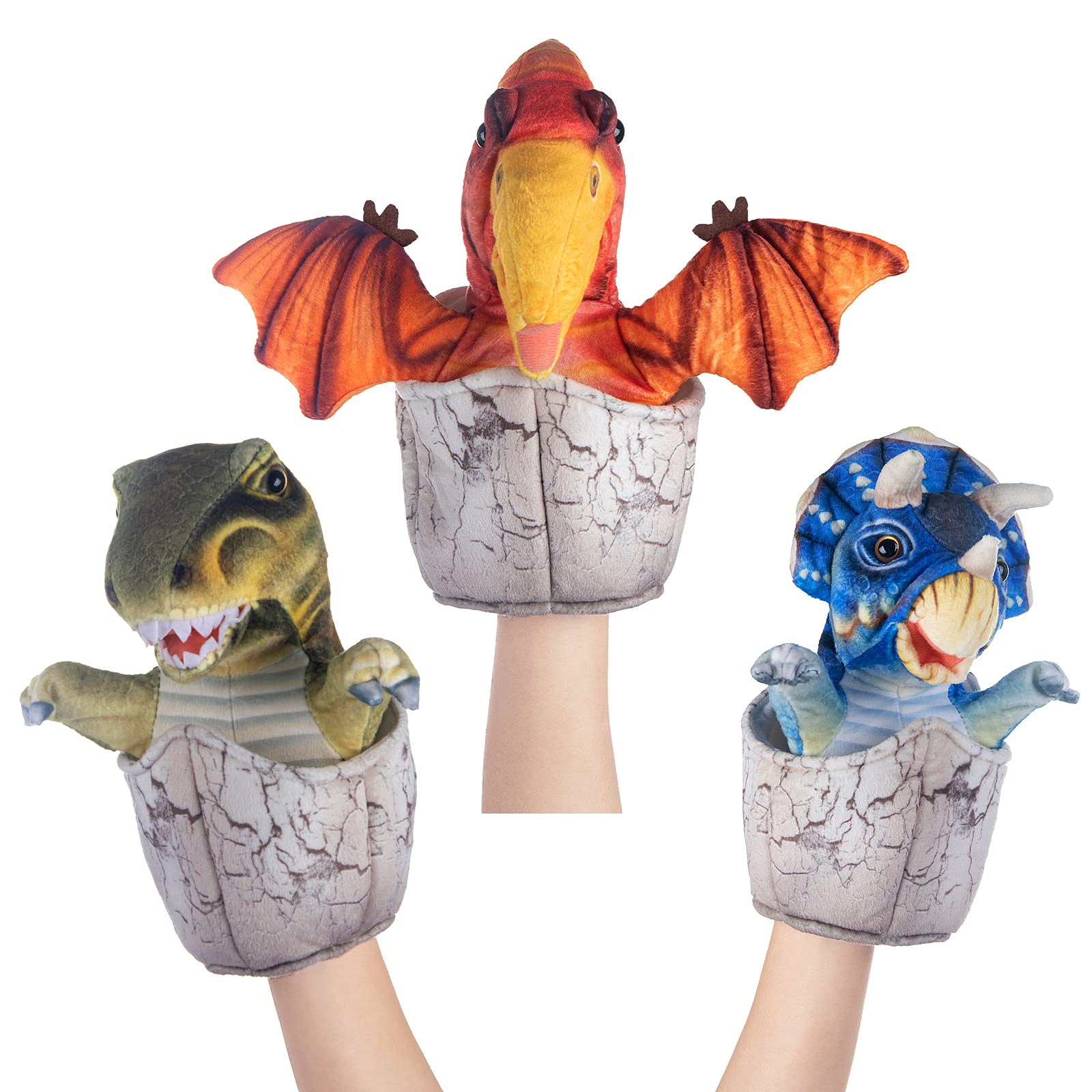 My OLi 9.5āPlush Dinosaur Hand Puppet Bundle 3 Pack of Stuffed Dinosaur with Egg for Creative Role Play Gift for Kids Toddlers Birthday Party Favor Supplies,Imaginative Play
