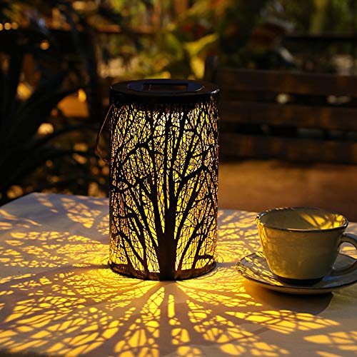 Fovasen Hanging Solar LED Candle Lanterns, Farmhouse Retro Metal Table Lanterns Rounded Decorative Outdoor Lights Waterproof Solar Lamp with Handle for Garden, Patio,Porch,Yard,Fireplace and Tabletop