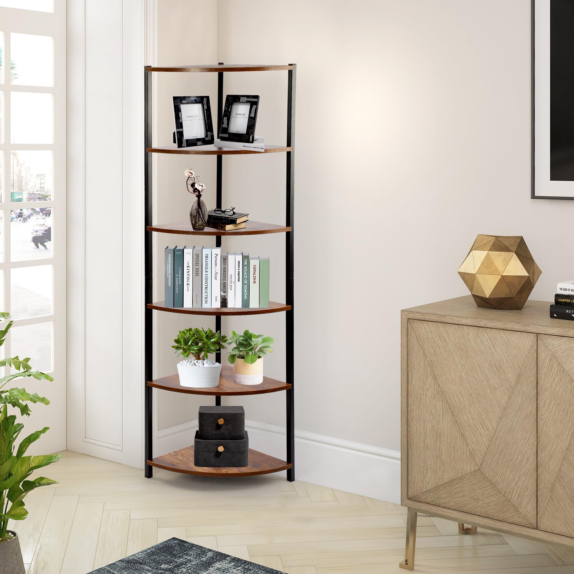 thksbought 6 Tier Corner Shelf,Display Shelf,Ladder Corner Wooden Storage Metal Frame Shelf,Multi-Functional Shelf Unit Wall Corner Shelf for Bedroom,Bathroom and Office Space (1,Dark Brown)