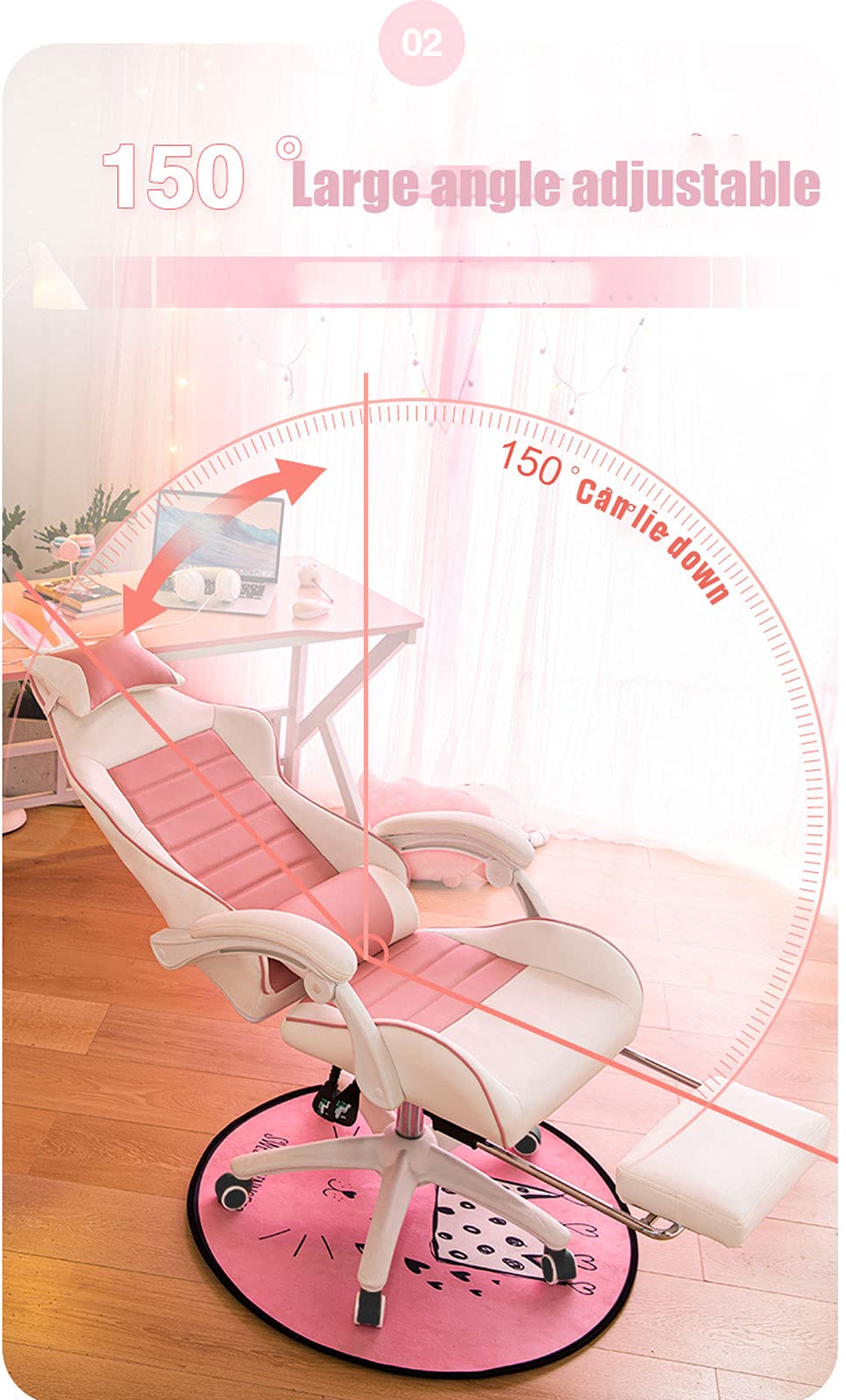 FFLLAS Gaming Chair Pink,Computer Office Chair Cute Pink Rabbit Style, with Retractable Arms and Footrest Adjustable Massage Lumbar Cushion Ergonomic Computer Desk Chair,Purple